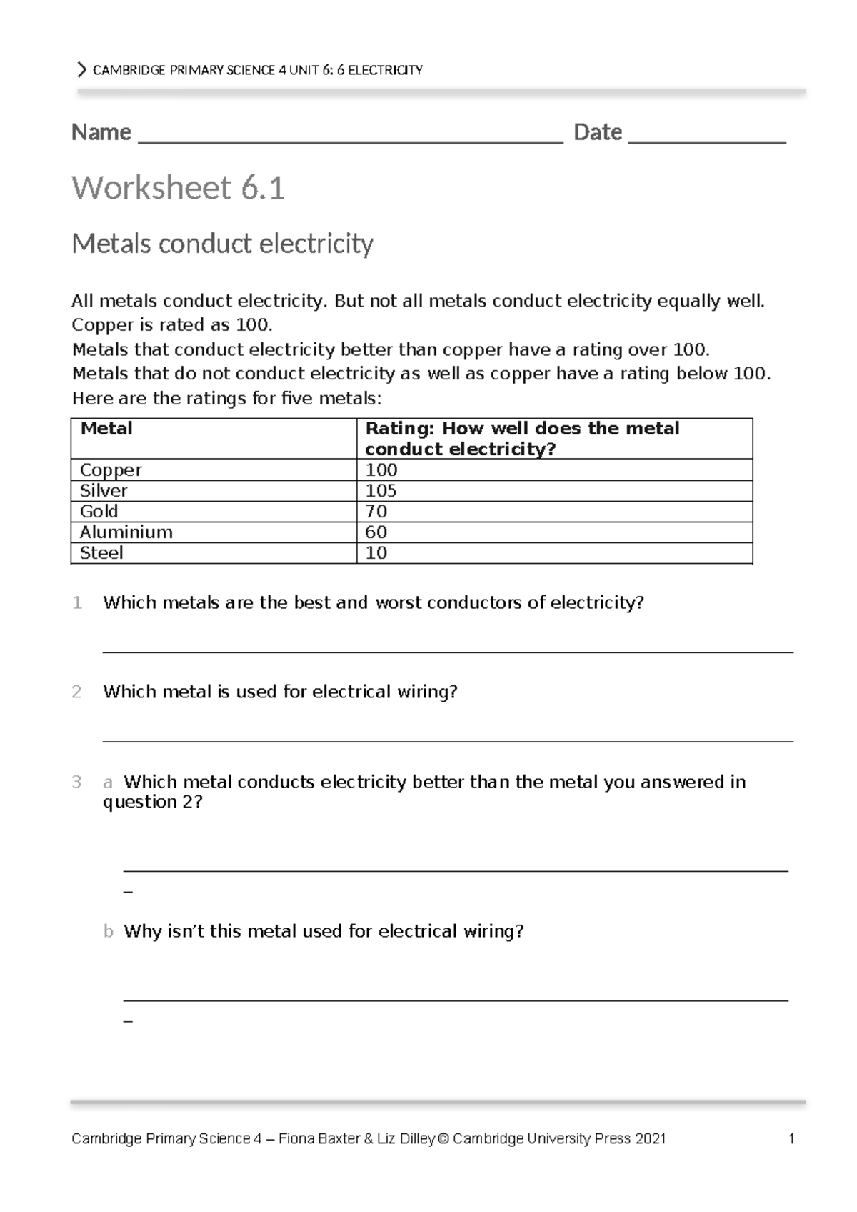 P Science 4 Worksheets: Electricity Conductors & Insulators Unit 6 ...