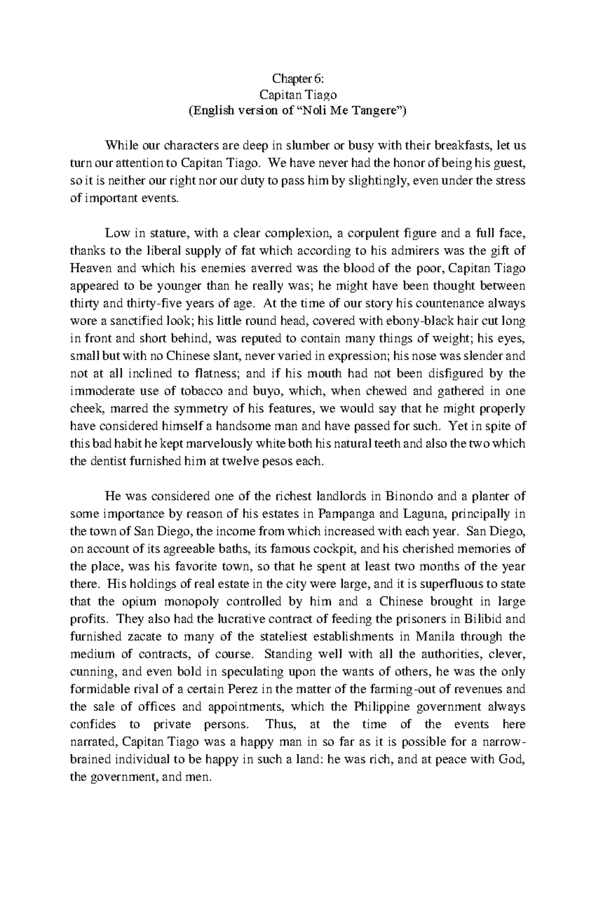 Noli Me Tangere Chapter 6: Character Study of Capitan Tiago - Studocu