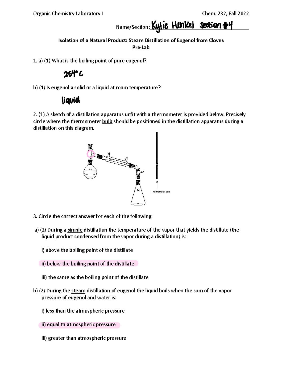 Chem. 232: Pre-Lab on Steam Distillation of Eugenol from Cloves - Studocu
