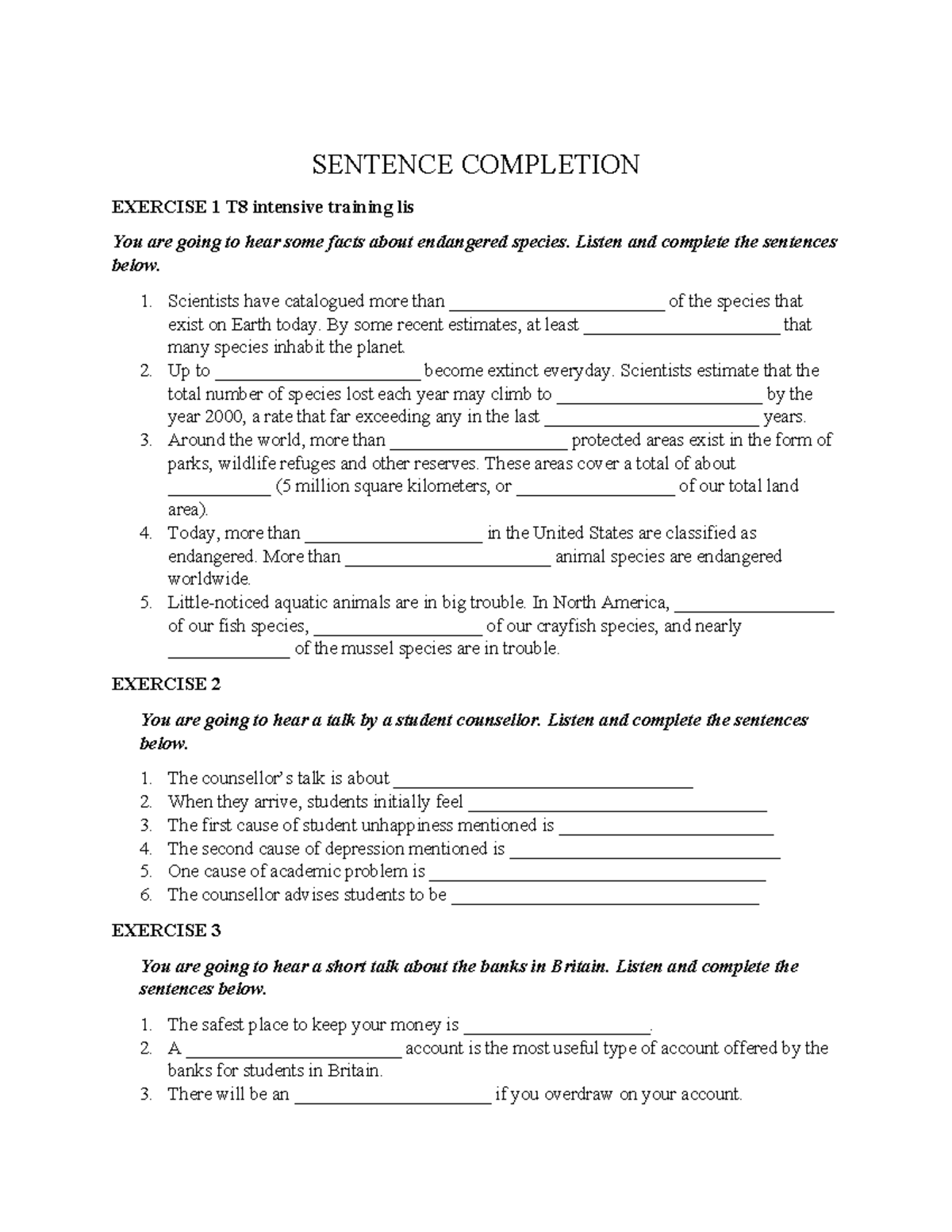 Listening Exercise PART 3: Sentence Completion Practice - Studocu