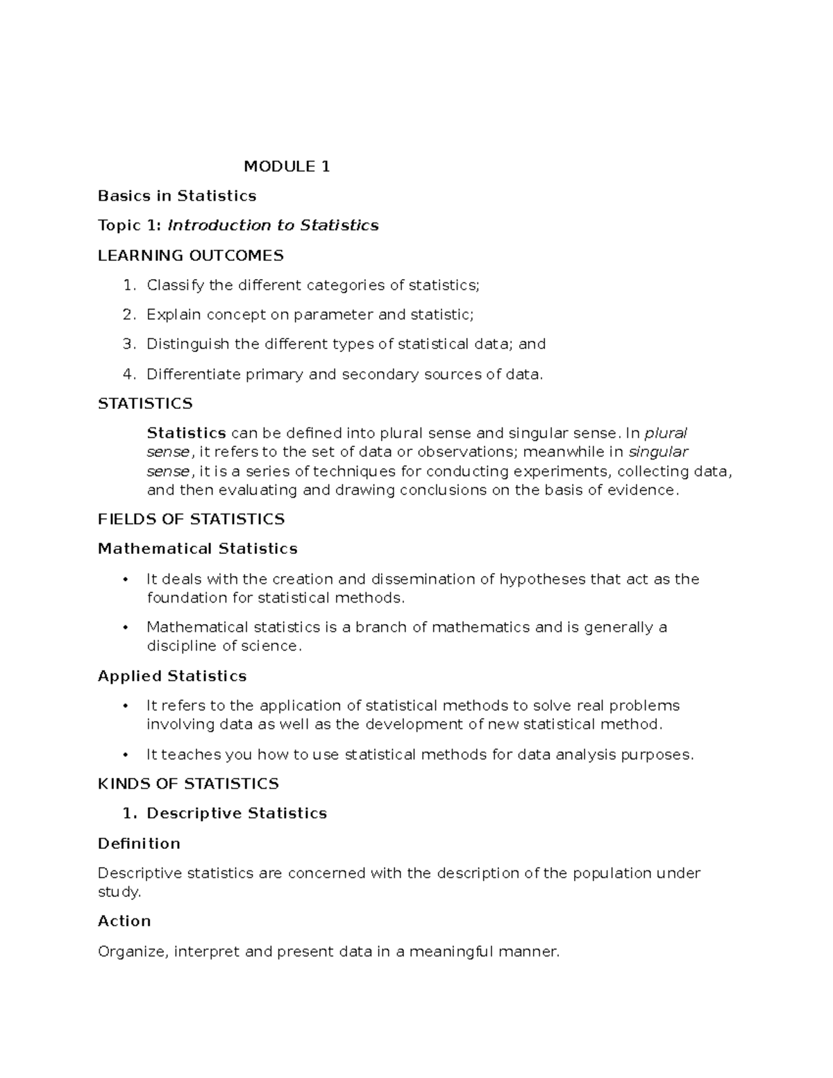 MODULE 1: Intro to Statistics - Key Concepts and Learning Outcomes ...