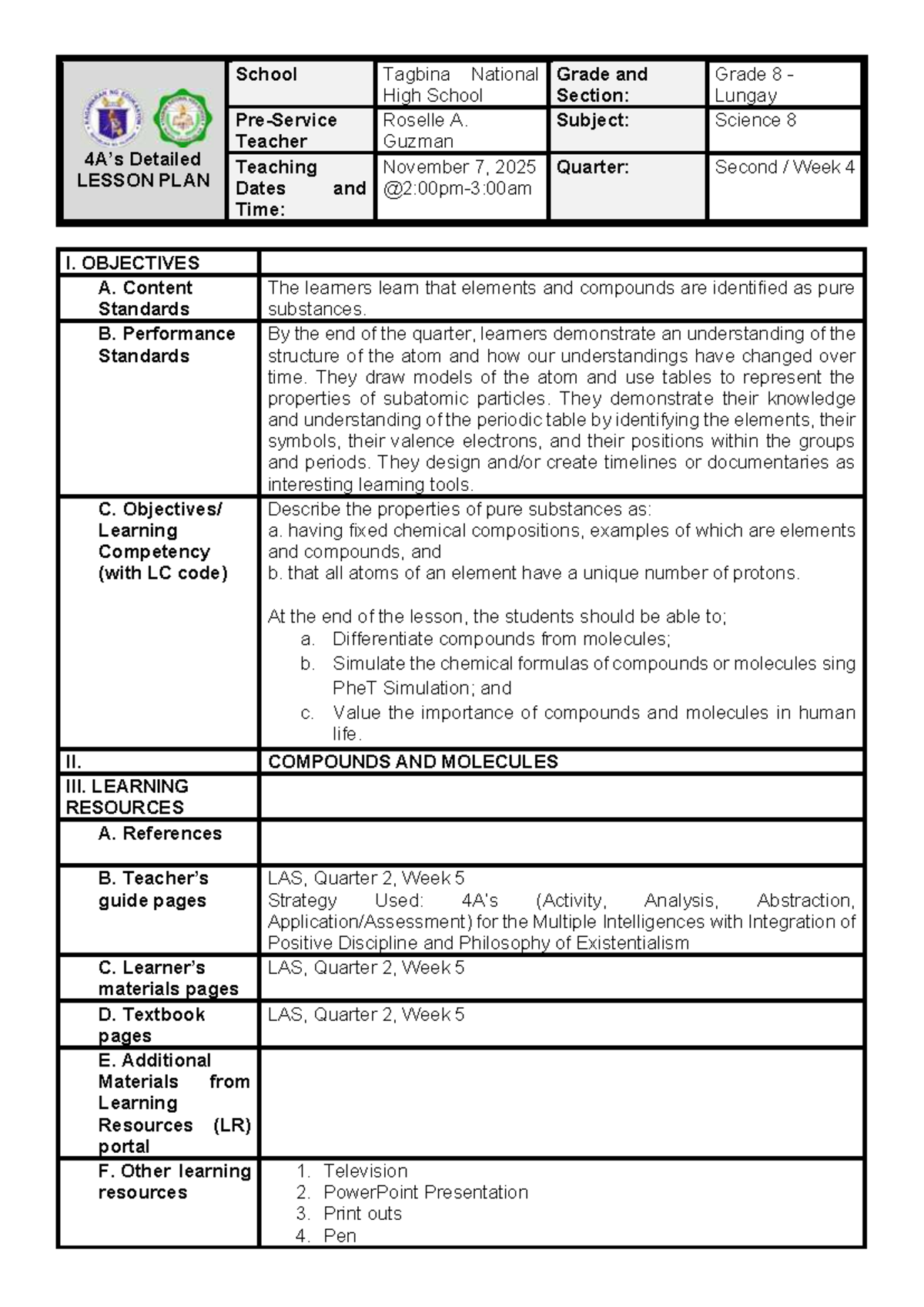 CO1 LESSON PLAN: Understanding Compounds and Molecules in Science 8 ...