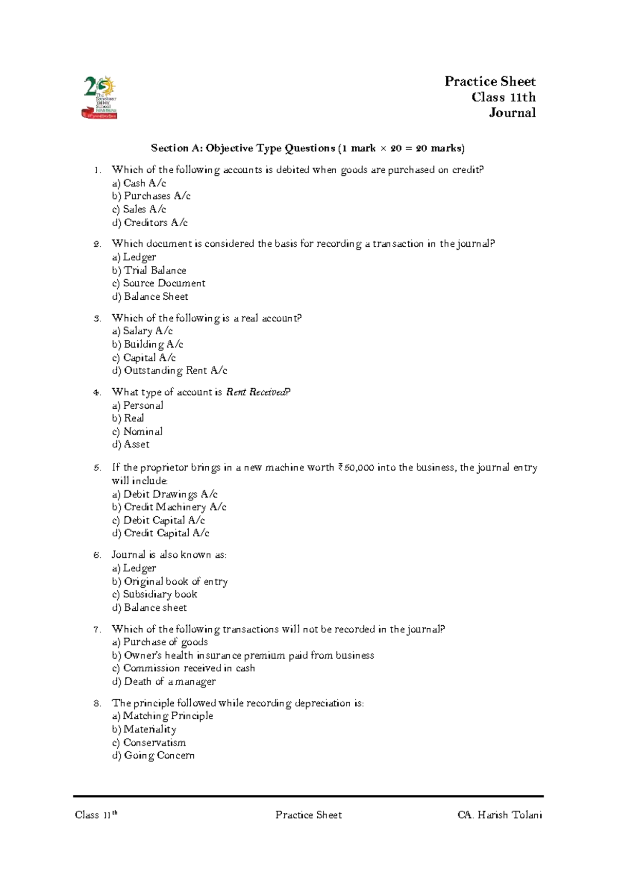 Class 11th Practice Sheet: Journal Entries & Objective Questions - Studocu