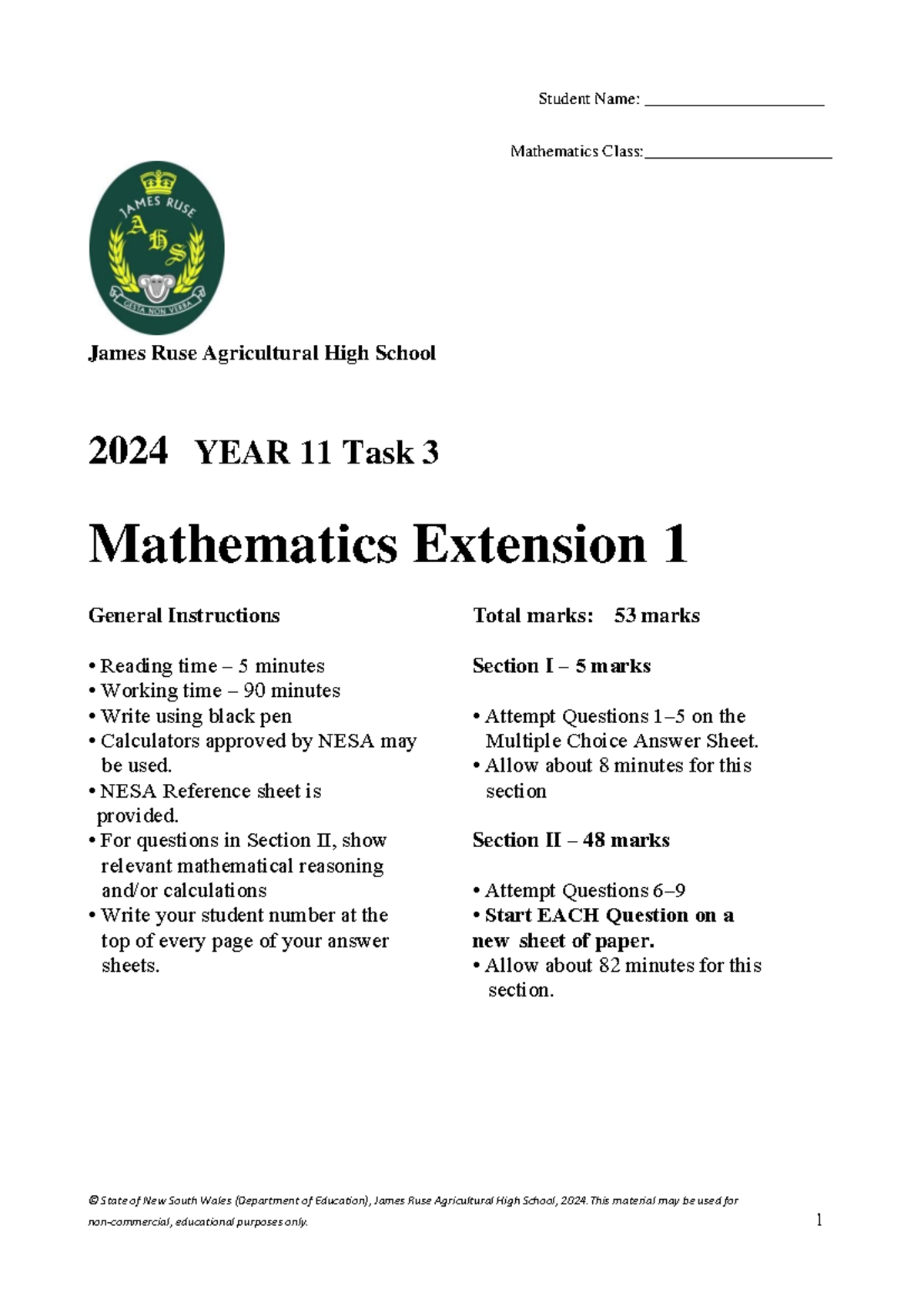 James Ruse 2024 Year 11 Mathematics Extension 1 Task 3 Solutions - Studocu