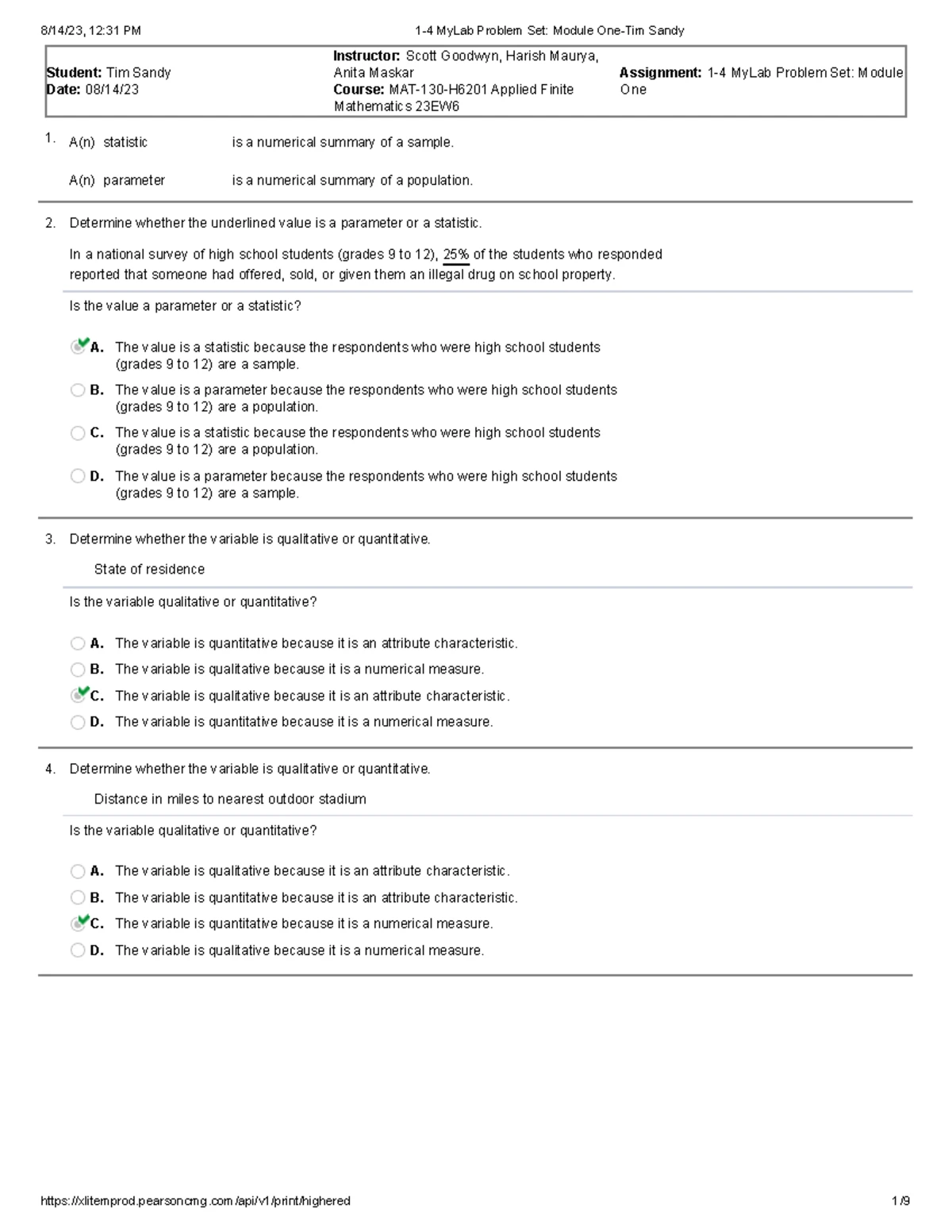 5-2 My Lab Problem Set Module Five - 1. 2. 3. Student: Tim Sandy Date ...