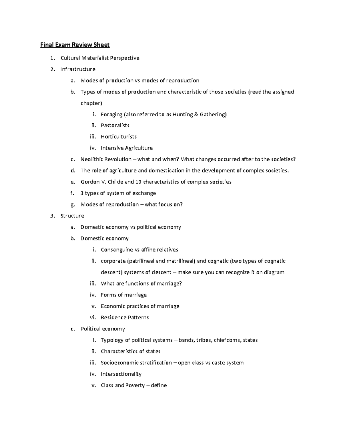 Final Exam Review Sheet - Cultural Materialist Perspective 2 ...