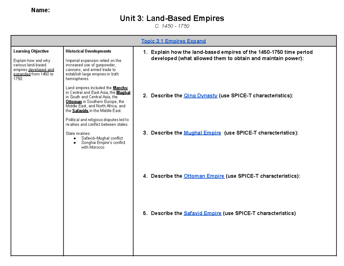 Unit 3: Empires Expansion & Administration (1450-1750) Homework Packet ...