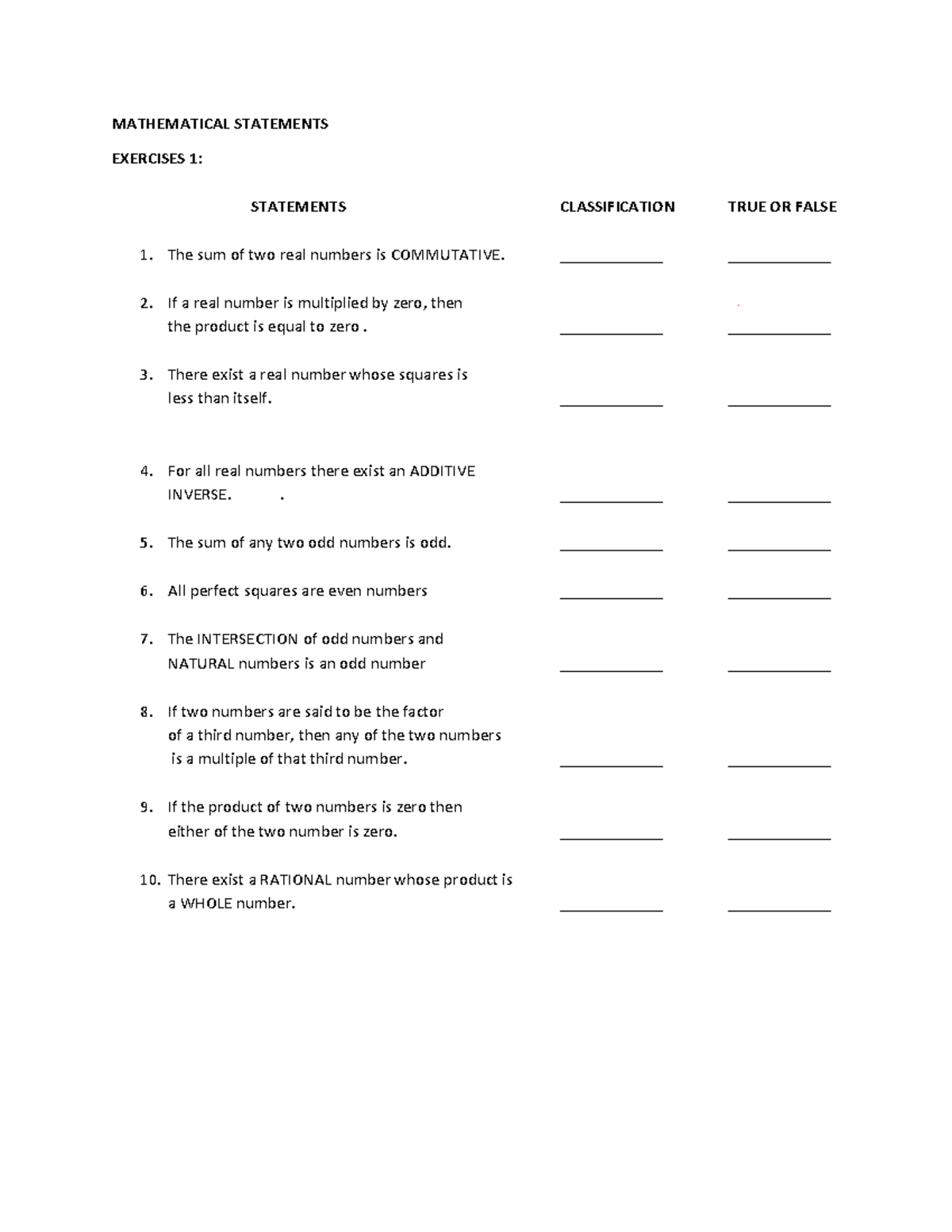 Exercises 1 and 2 - Activity - MATHEMATICAL STATEMENTS EXERCISES 1 ...