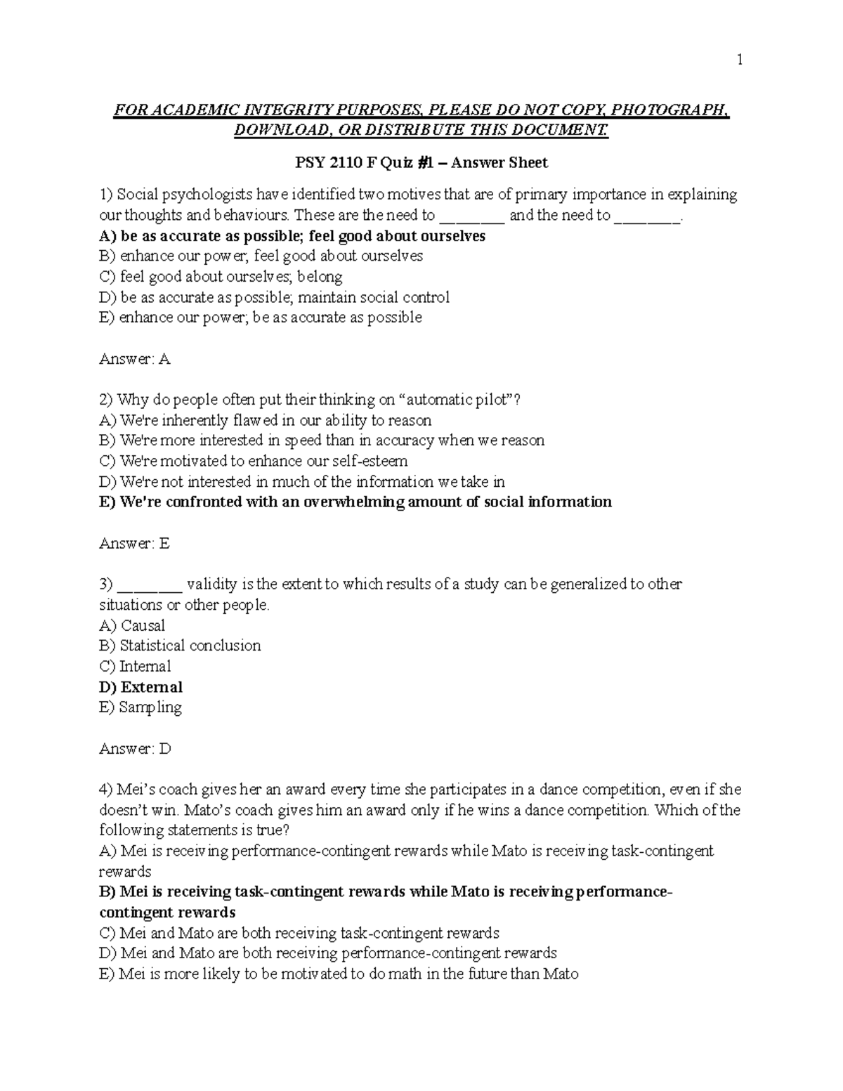 PSY 2110 F Quiz 1 Answer Sheet on Social Psychology Concepts - Studocu