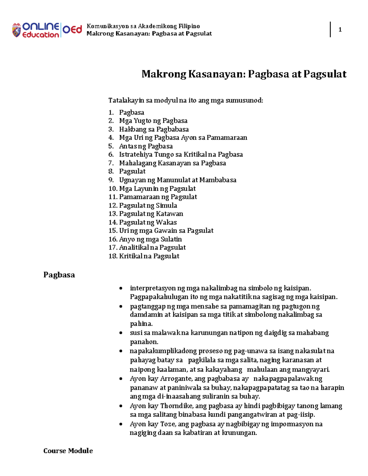 W13 Makrong Kasanayan: Pagbasa at Pagsulat - Course Module - Studocu