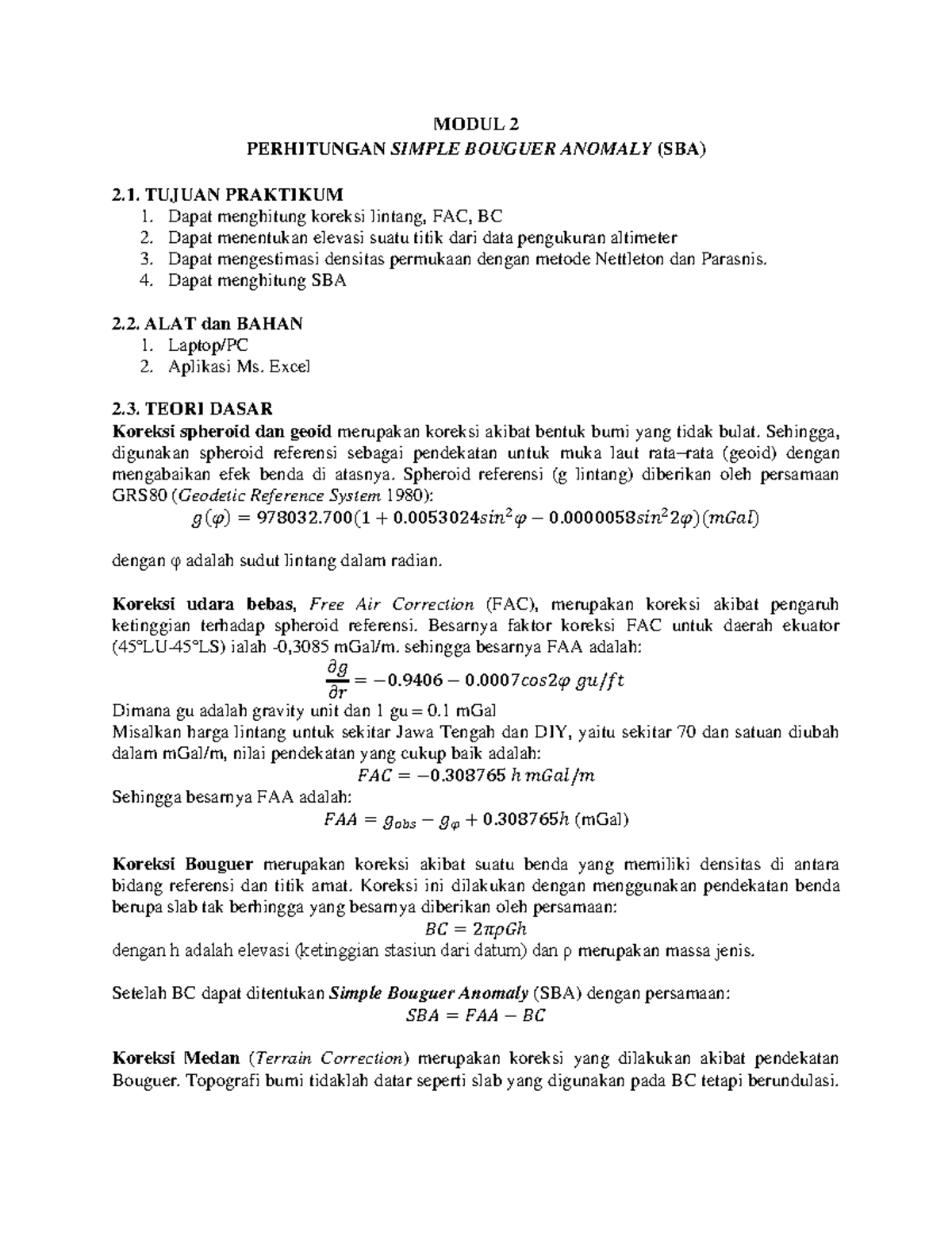 Perhitungan Simple Bouguer Anomaly (SBA) pada Modul 2 - 54007 - Studocu
