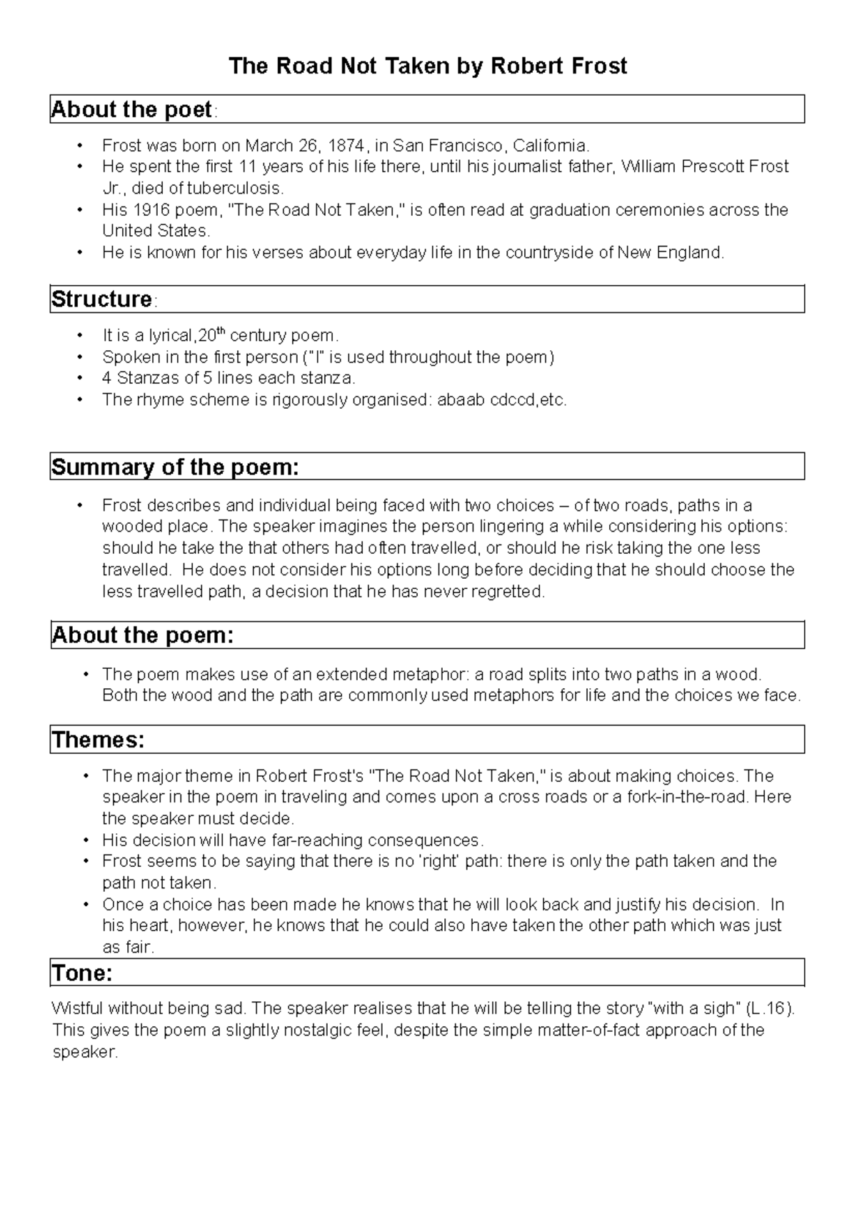 The Road Not Taken - Teacher Copy - The Road Not Taken by Robert Frost ...