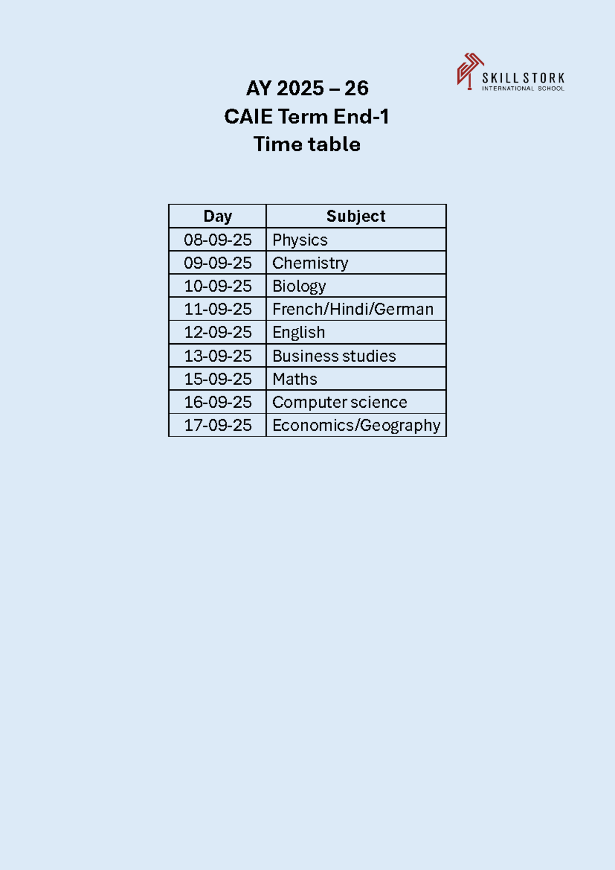 Term-1 Timetable - IG-1 - Maths - AY 2025 – 26 CAIE Term End- 1 Time ...