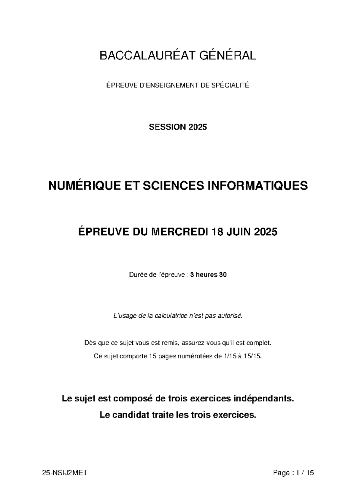 BACCALAURÉAT GÉNÉRAL 2025 ÉPREUVE SPÉCIALITÉ NUMÉRIQUE ET SCIENCES ...