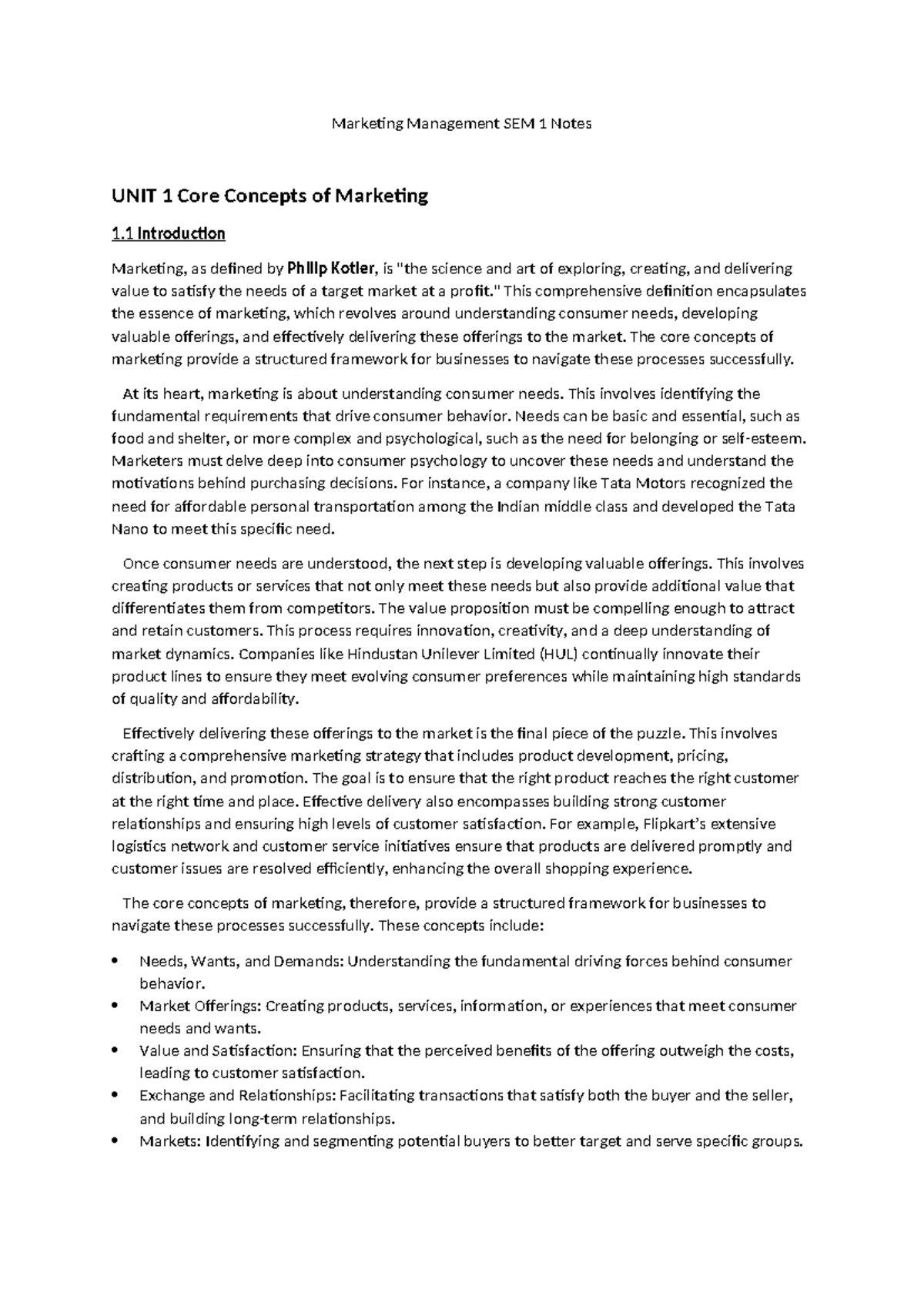 MBA Marketing Management: SEM 1 Notes on Core Concepts and Needs - Studocu