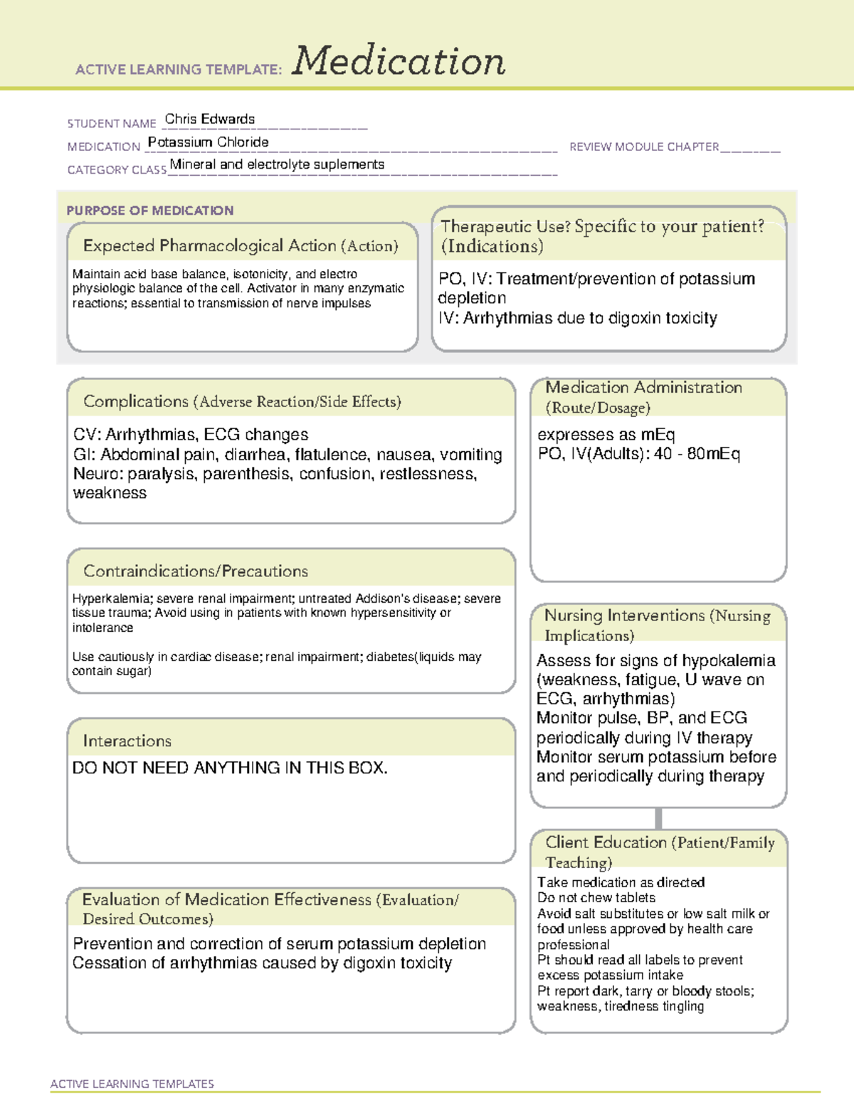 Potassium Chloride (Medication) - Active Learning Template Guide - Studocu