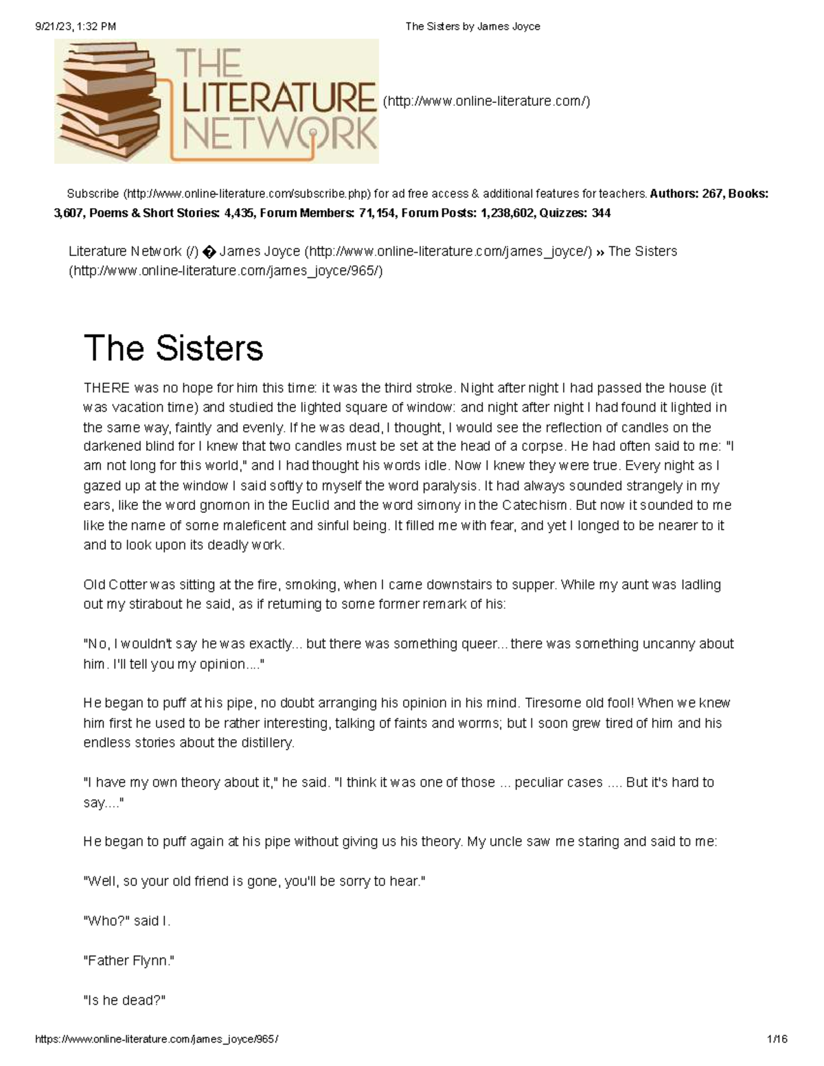 The Sisters by James Joyce - Analysis and Summary - Studocu