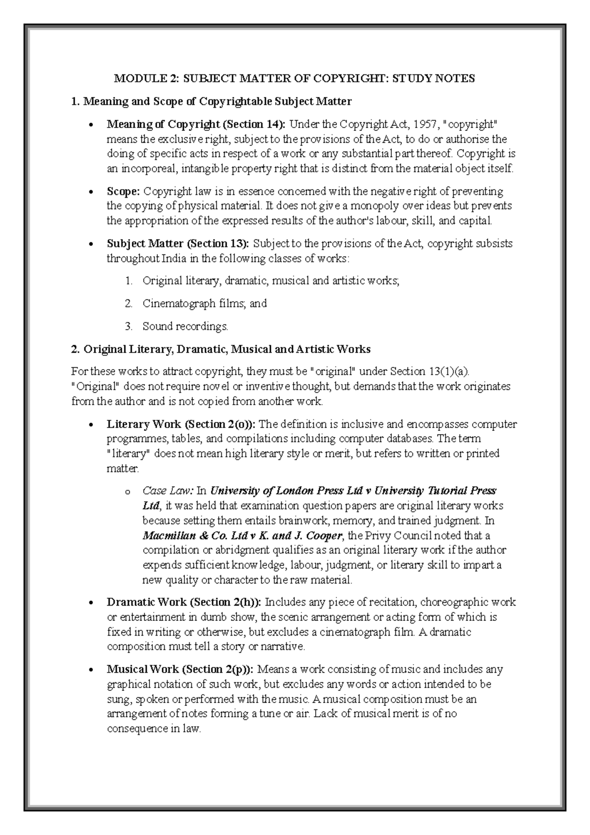 MODULE 2: COPYRIGHT SUBJECT MATTER STUDY NOTES - Studocu