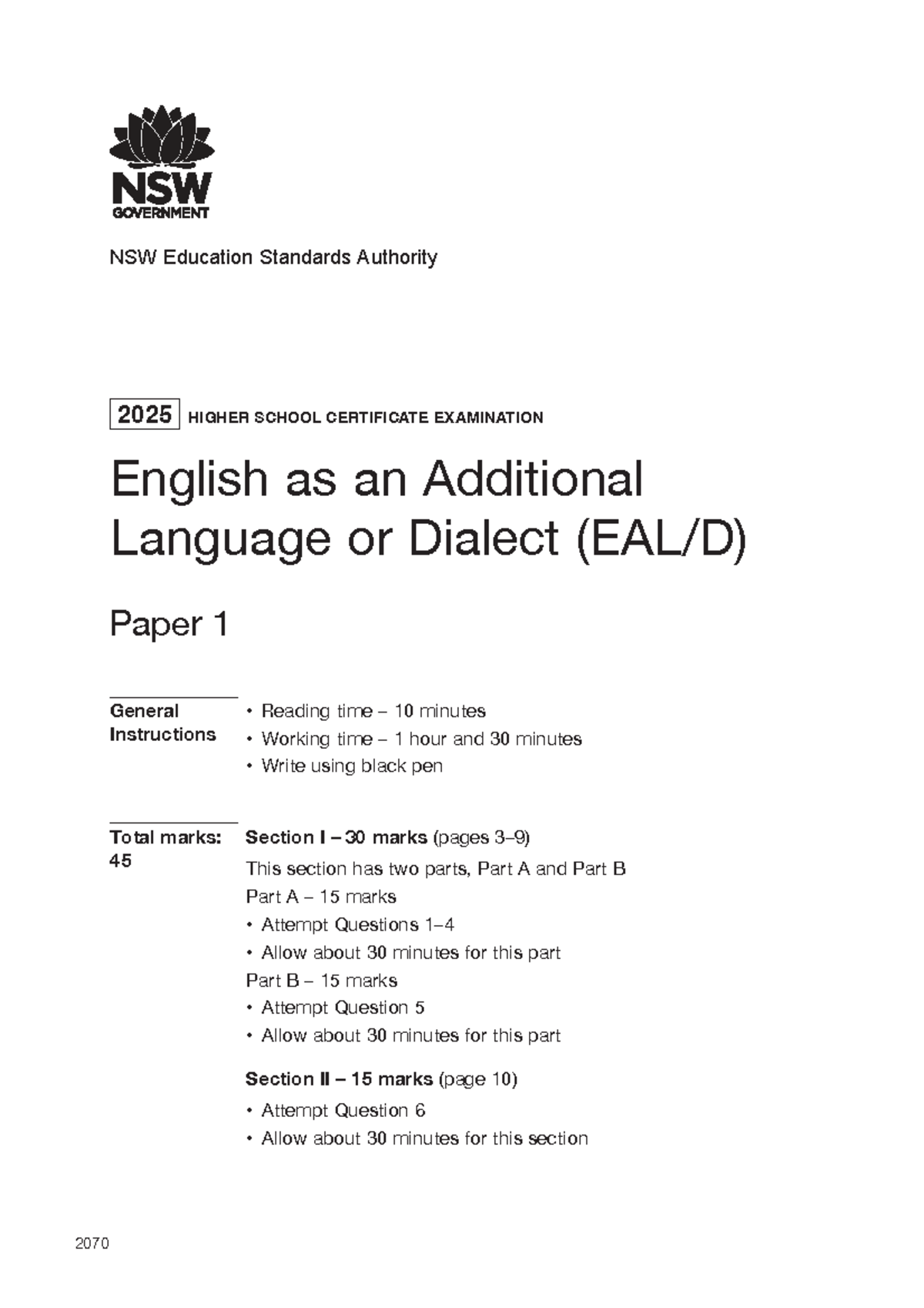 2025 HSC English EAL/D Paper 1 Exam Instructions and Questions - Studocu