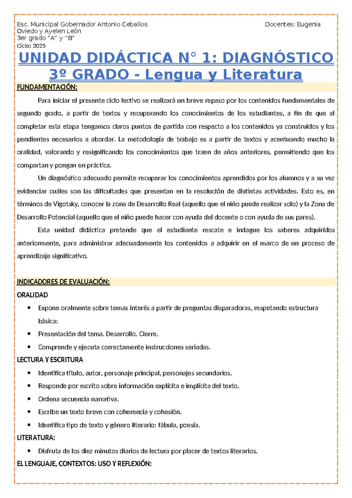 Unidad Didáctica de Diagnóstico en Lengua 3RO 2025 - 3º Grado A/B - Studocu