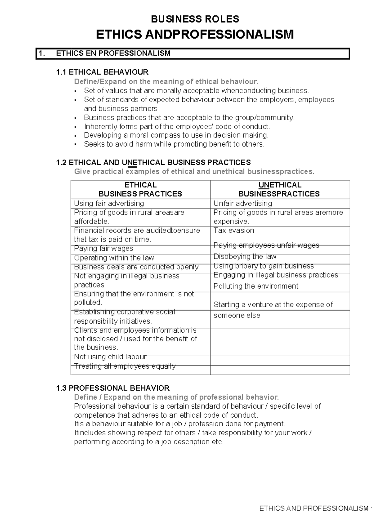 BUSINESS ROLES: ETHICS, PROFESSIONALISM, AND TEAM PERFORMANCE (BUS 101 ...