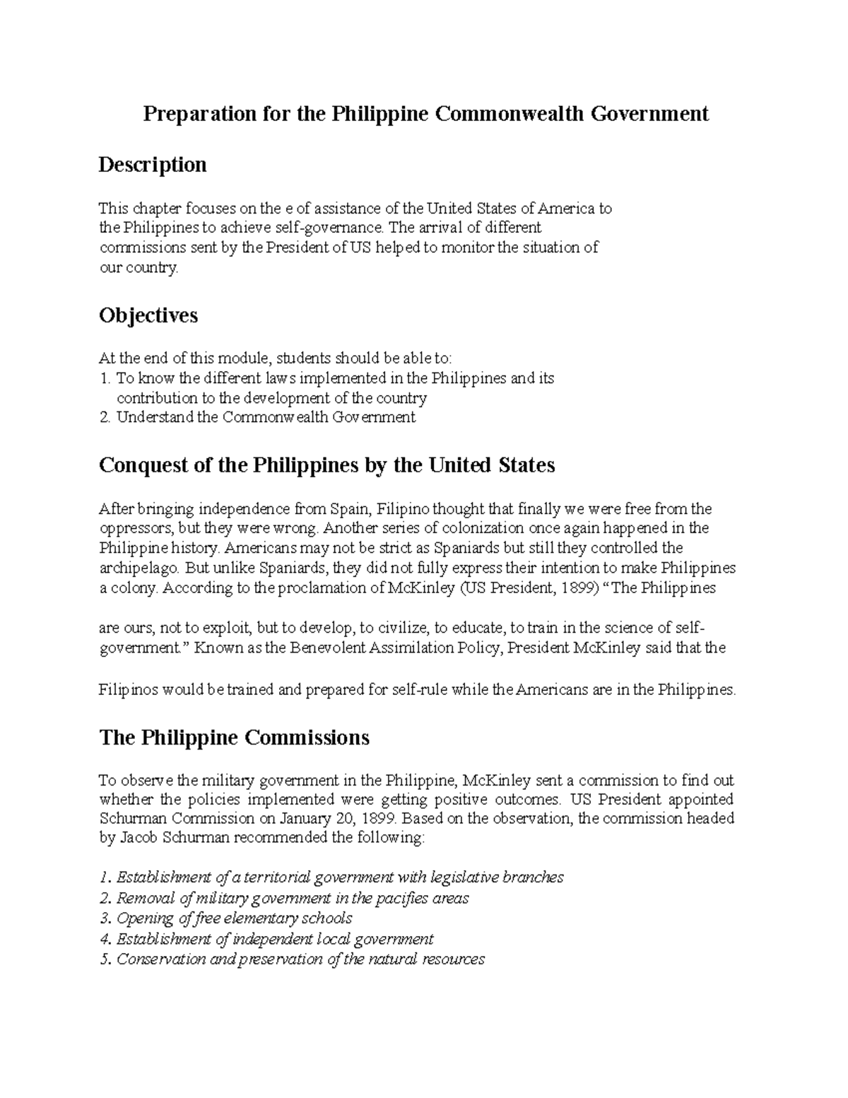 Preparation for the Commonwealth Government in the Philippines - Studocu