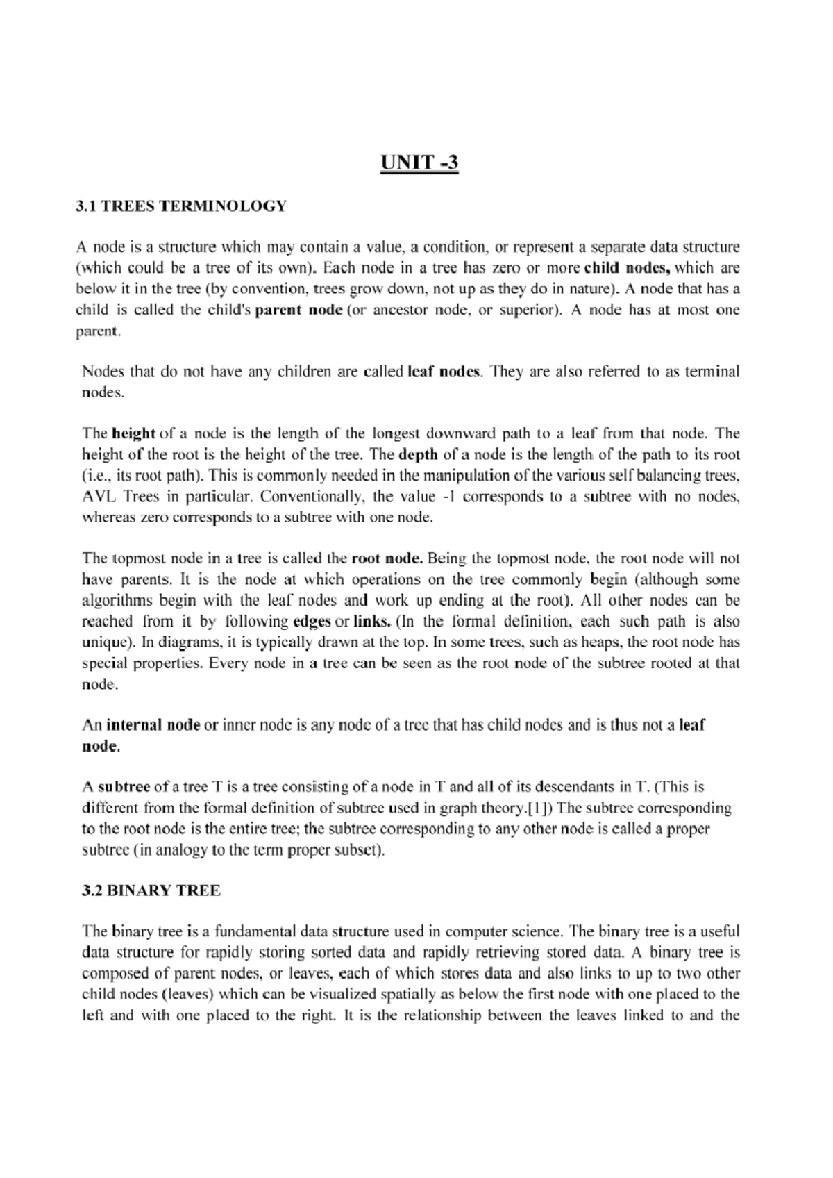 DSA Unit 3: Trees Terminology and Binary Tree Concepts - Studocu