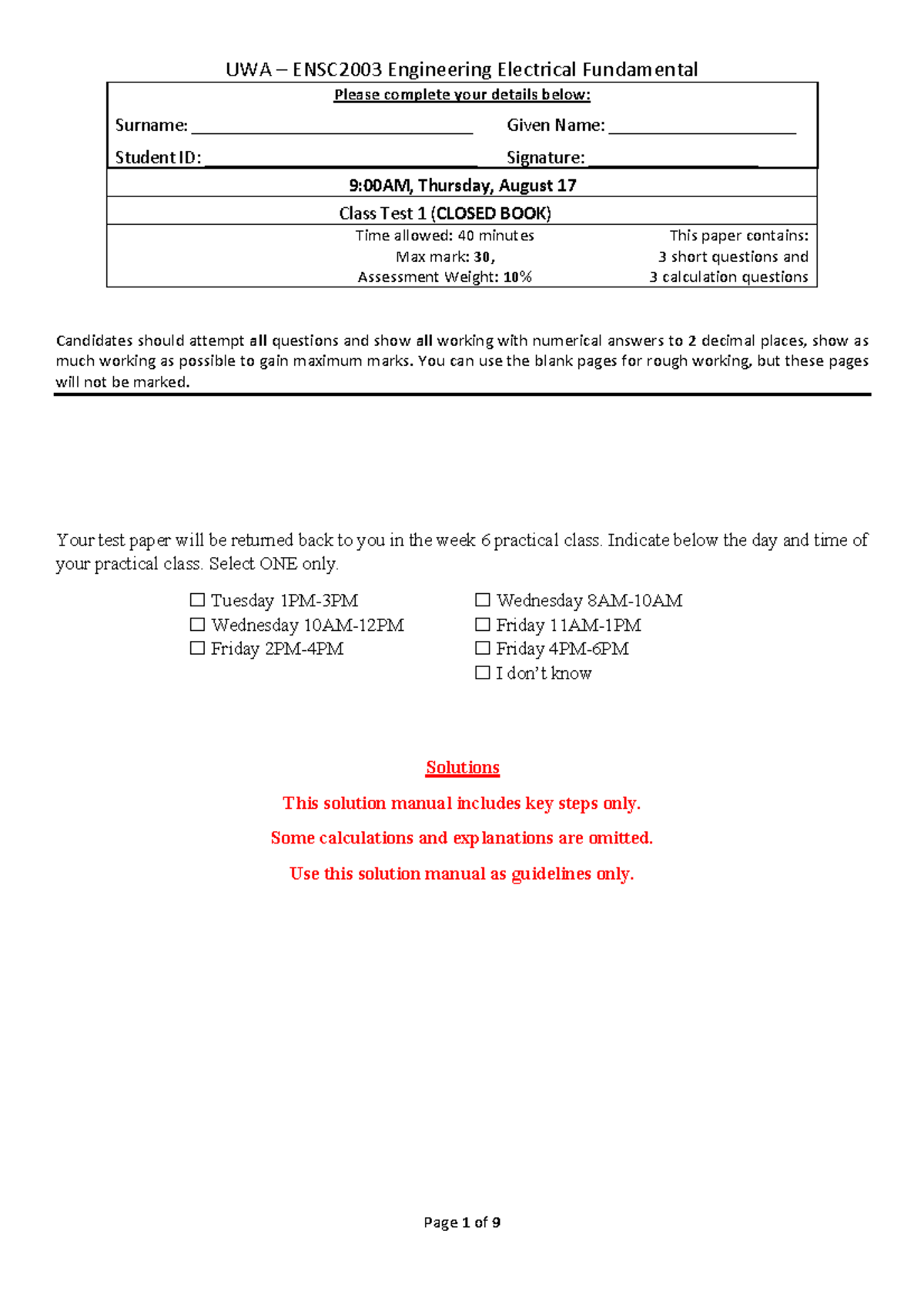 Class Test 1 Solutions - UWA ENSC2003 Engineering Electrical ...