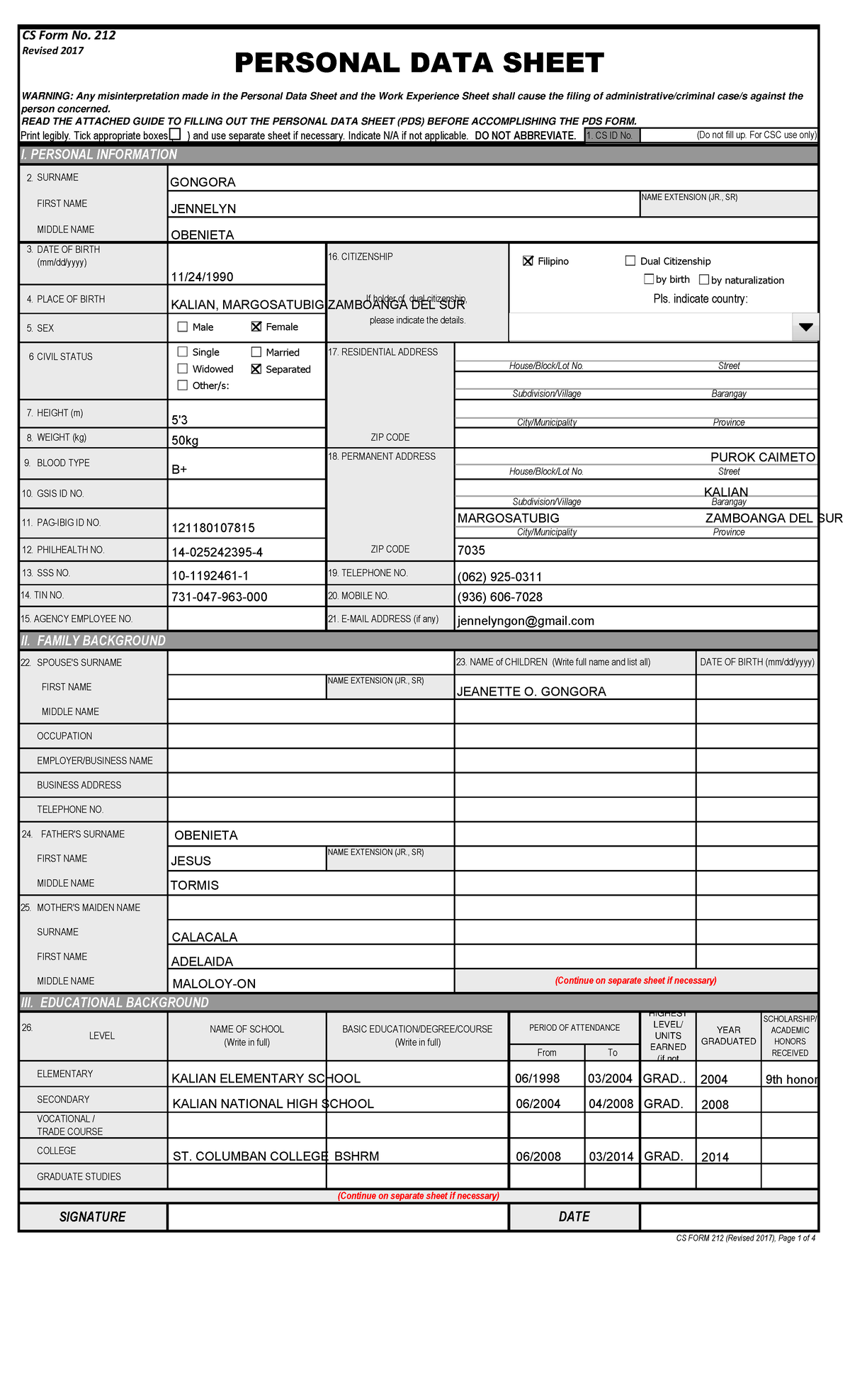 Csc form 212 revised 2017 editable (4) - Print legibly. Tick ...