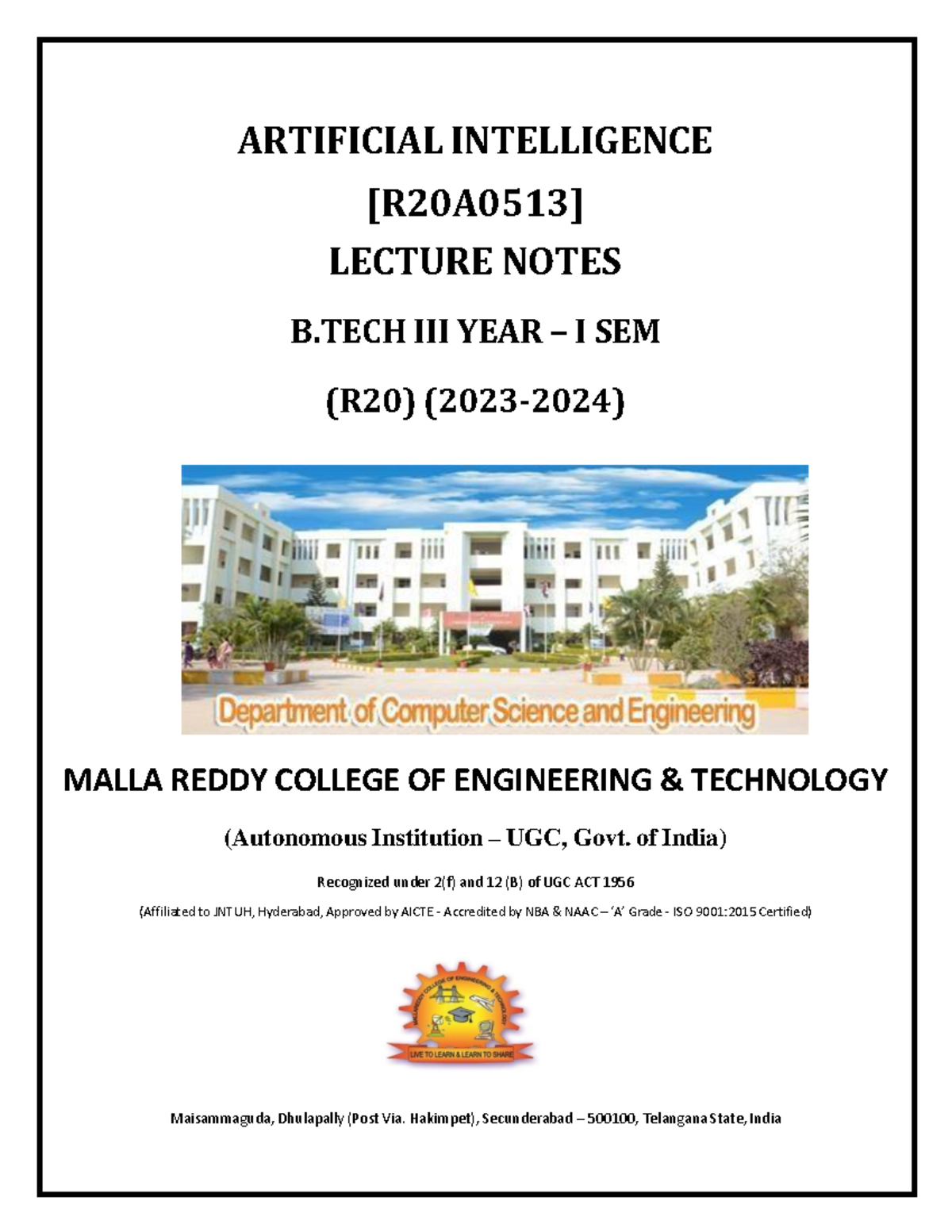 Artificial Intelligence Lecture Notes (R20A0513) - B.Tech III Year ...