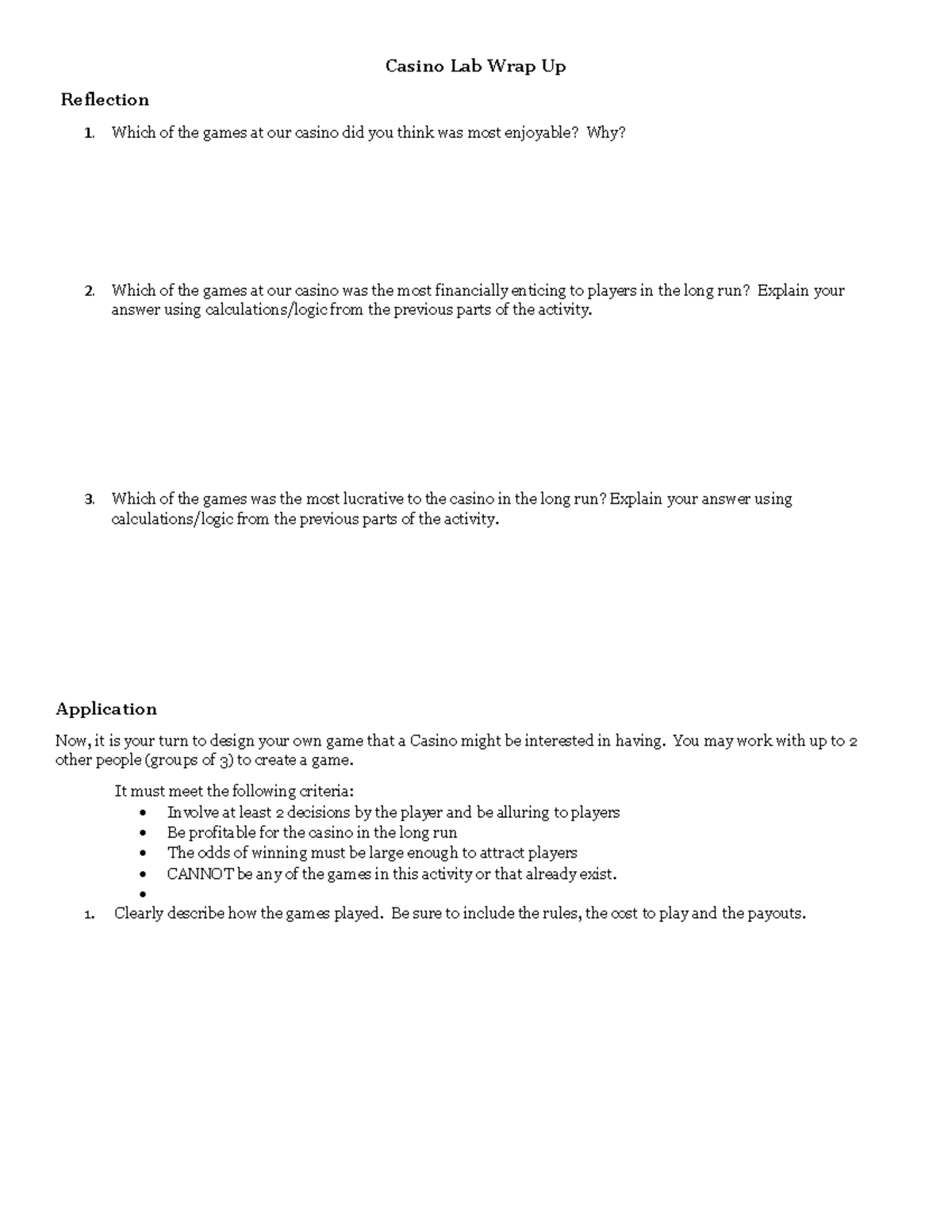 Casino Lab Wrap Up Reflection & Game Design - FW u aOSD - Studocu