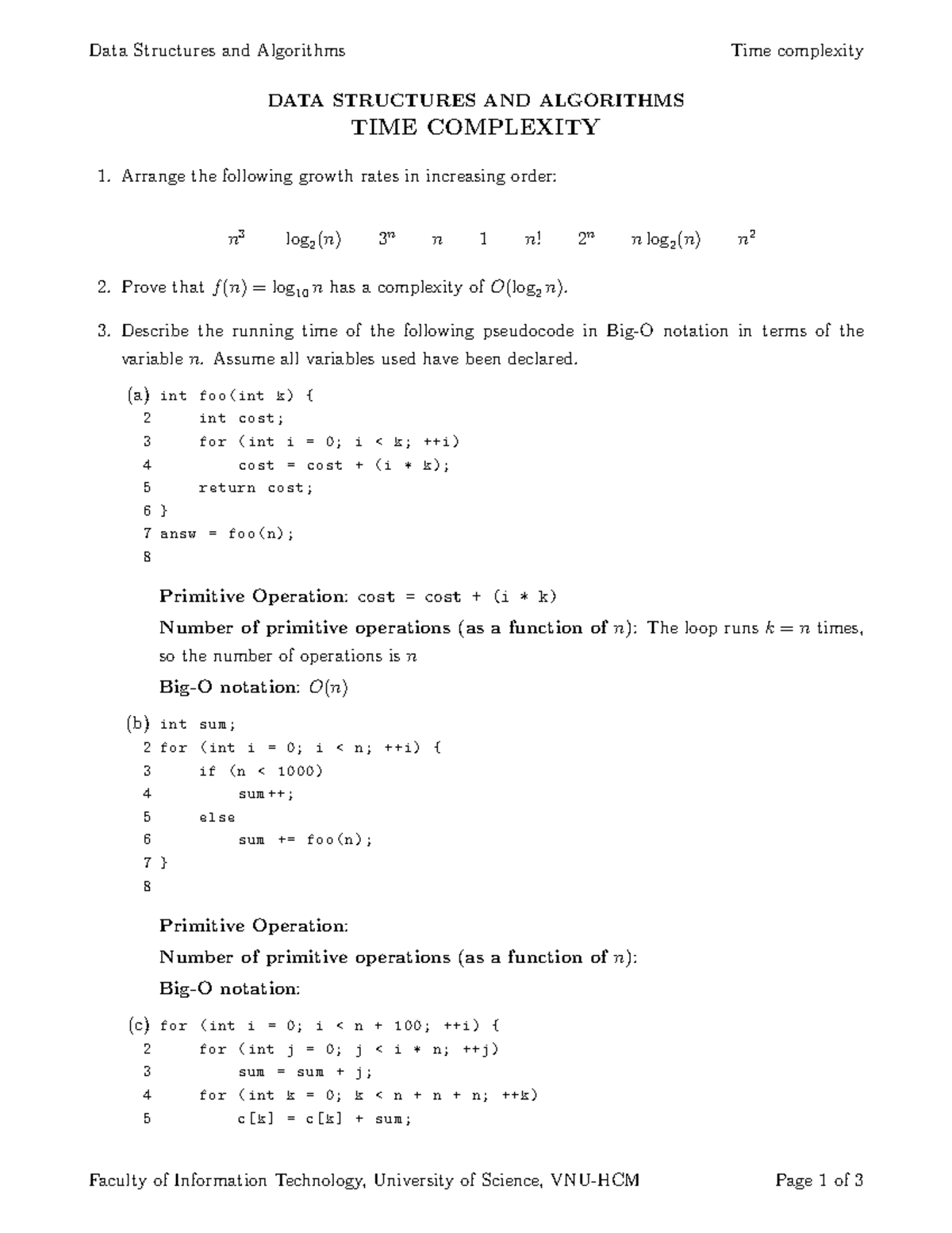 DSA - Exercise 1: Analyzing Time Complexity of Algorithms - Studocu