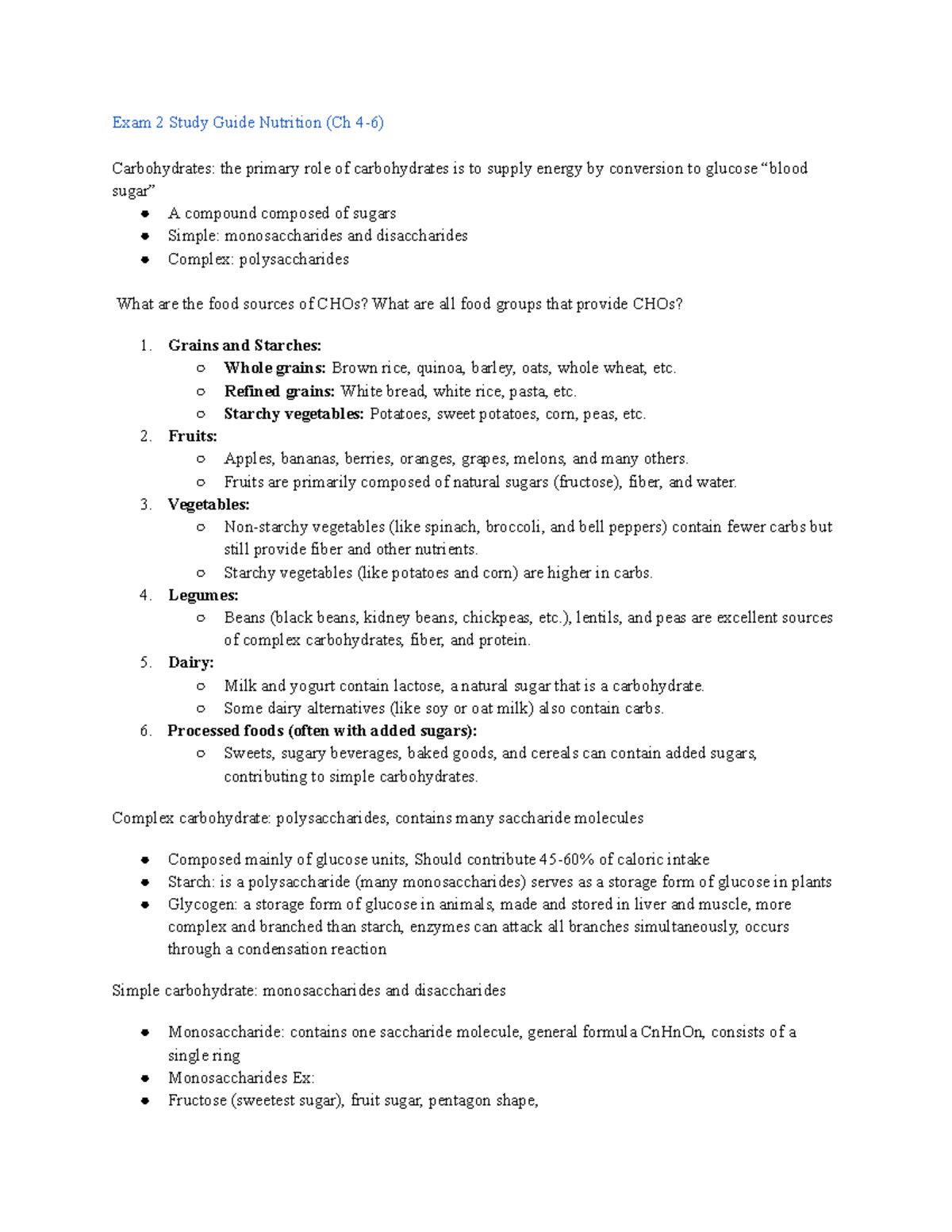 Nutrition Exam 2 Study Guide: Carbohydrates, Proteins, and Fats - Studocu