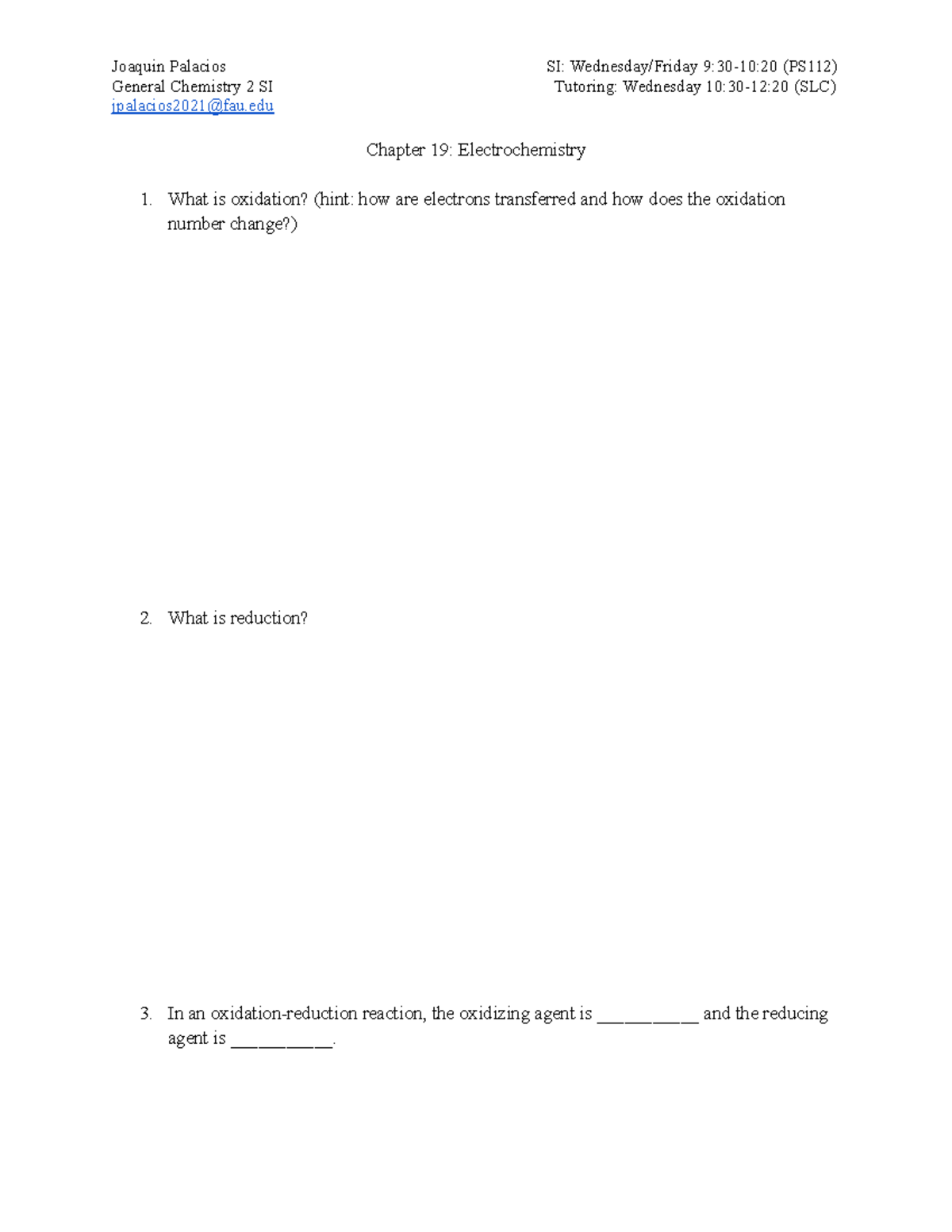 Chapter 19: Electrochemistry SI Notes for PS112 (Joaquin) - Studocu