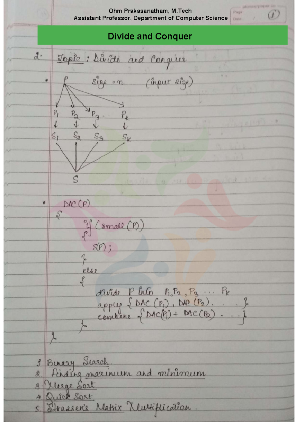 Lecture 7 Divide and conquer - bacheolar of technology - Ohm Prakasanatham, M Assistant ...