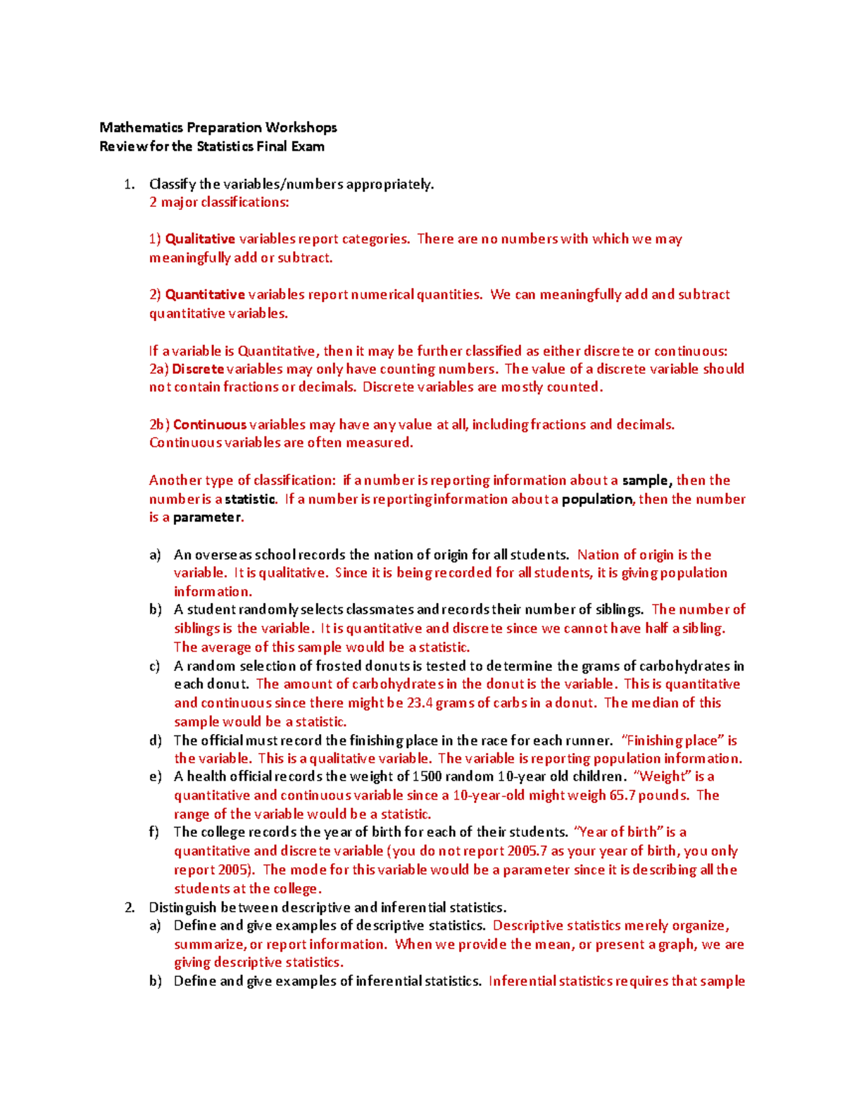 Statistics Final Exam Review (Course Code: STAT 101) - Answer Key - Studocu