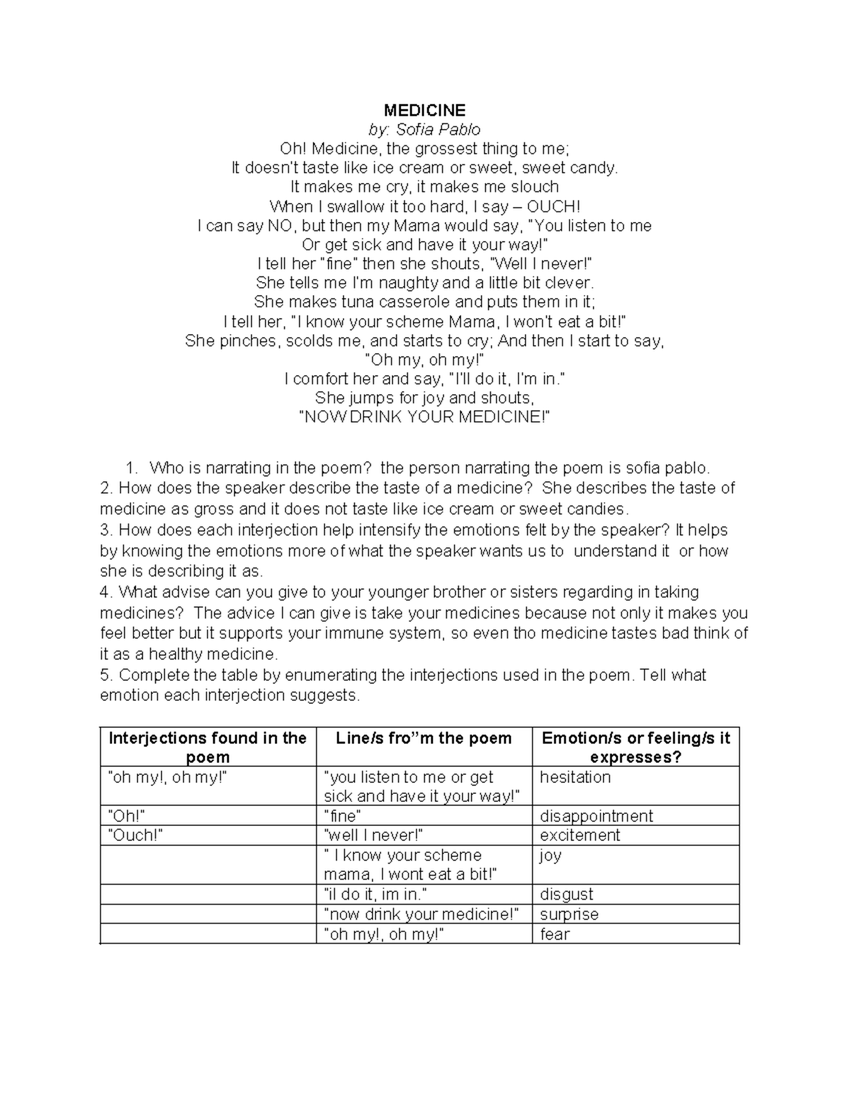 Quiz on Interjections in Medicine Poem - Notes - Studocu