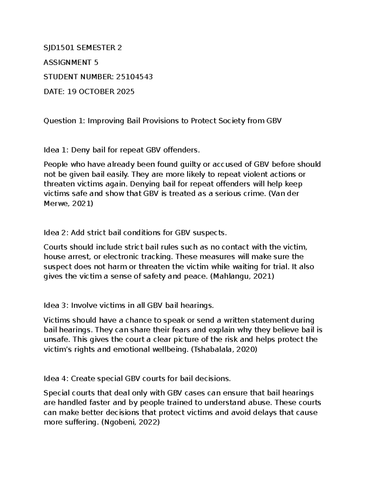 SJD1501 Semester 2 Assignment 5: Enhancing Bail for GBV Protection ...