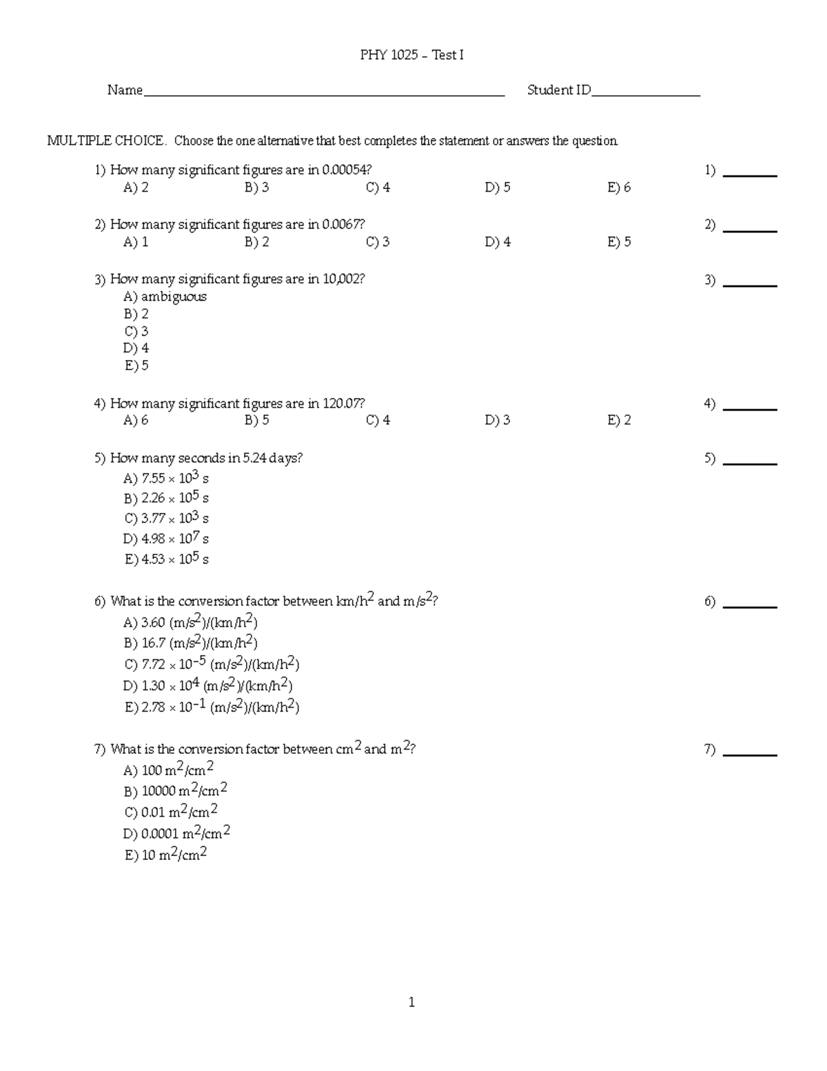 PHY 1025 - Test I Study Guide and Answer Key - Studocu