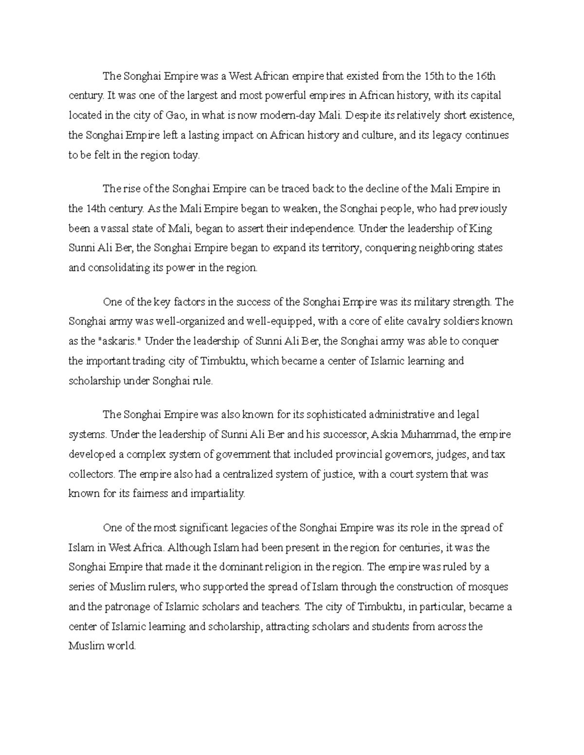 The Songhai Empire - Essay - The Songhai Empire was a West African ...