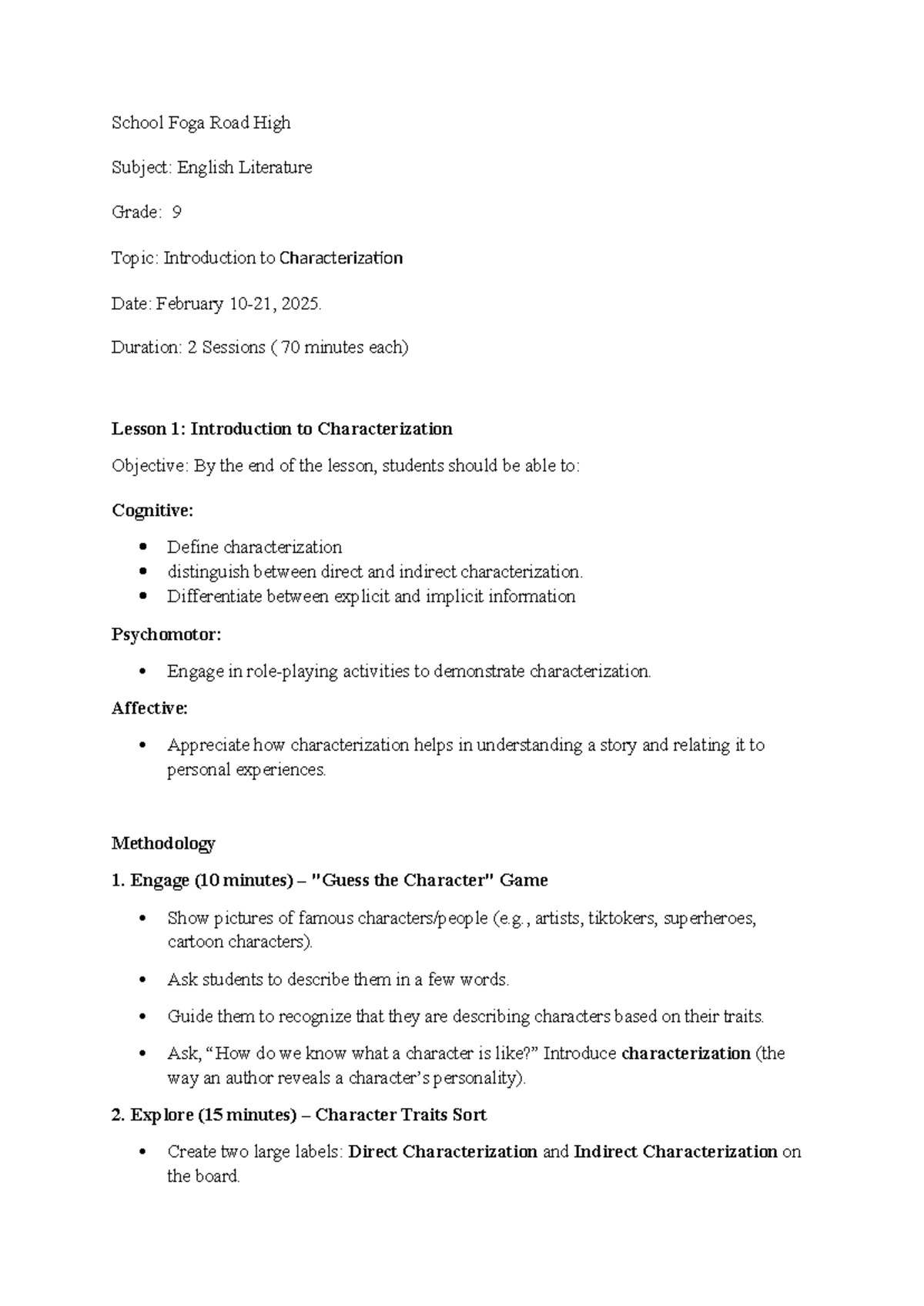 Characterization in English Literature - Grade 9 Lesson Plan - Studocu