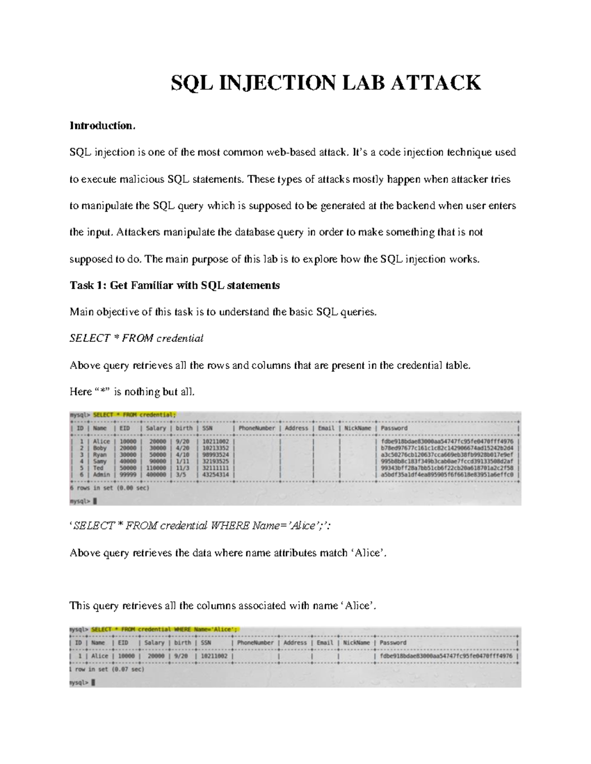 SQL Injection Attack Lab Report: Exploring Vulnerabilities and ...