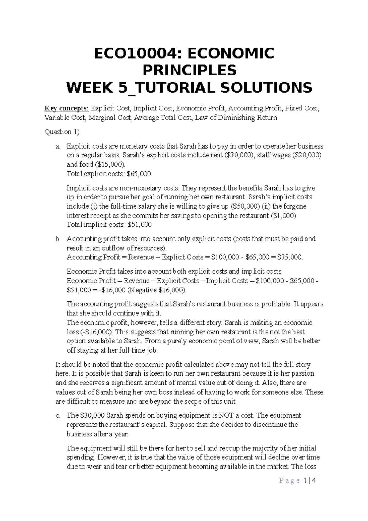 Week-5 Tutorial-Solutions - ECO10004: ECONOMIC PRINCIPLES WEEK 5 ...