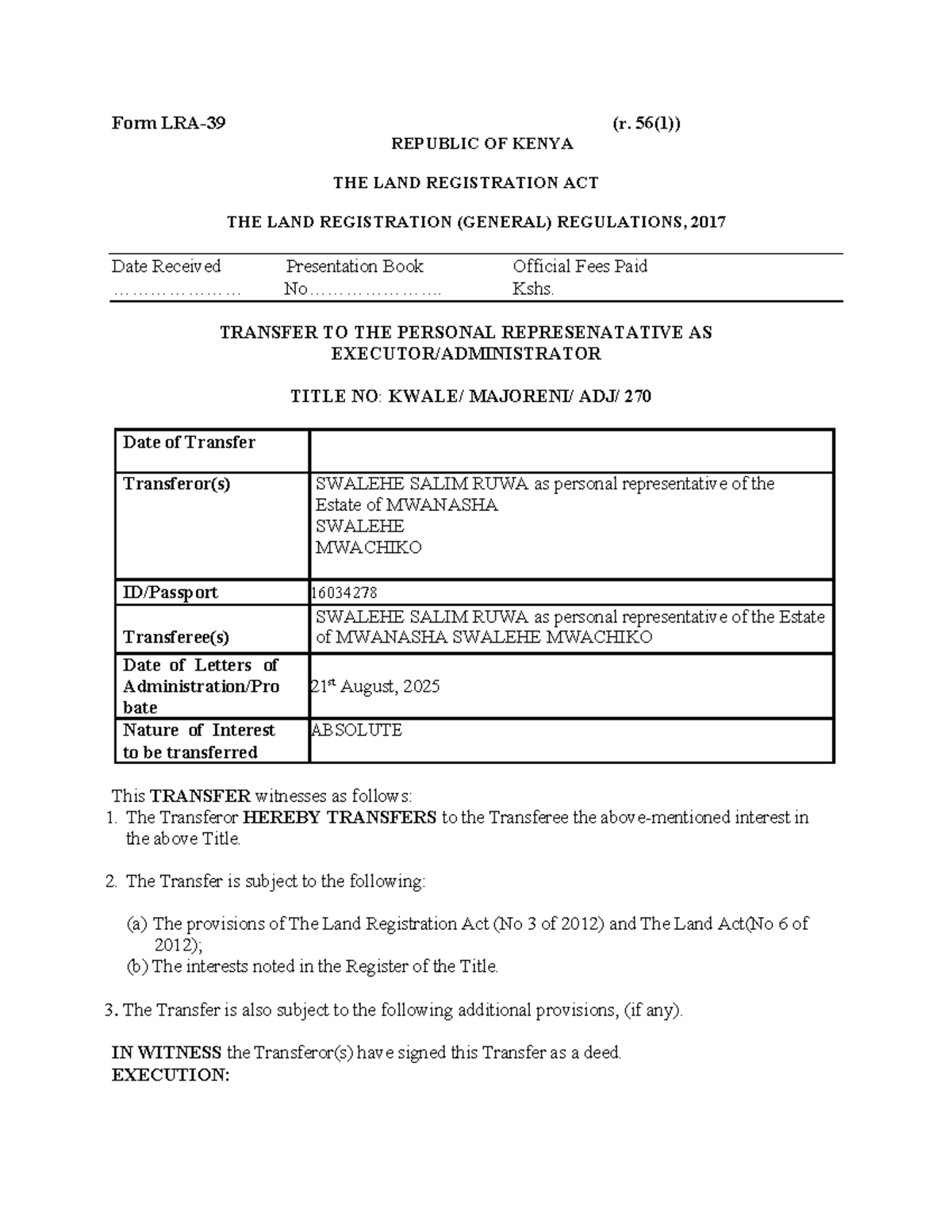 Form LRA 39: Transfer to Personal Representative as Executor - Studocu