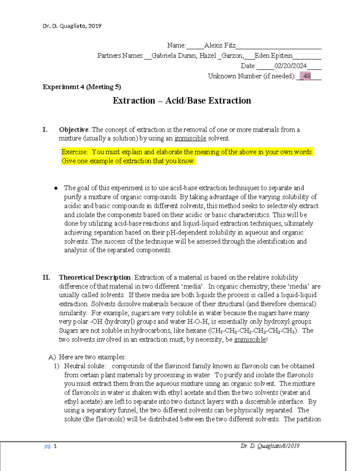 Final Lab Report on Acid/Base Extraction of Organic Mixtures (Chem 101 ...