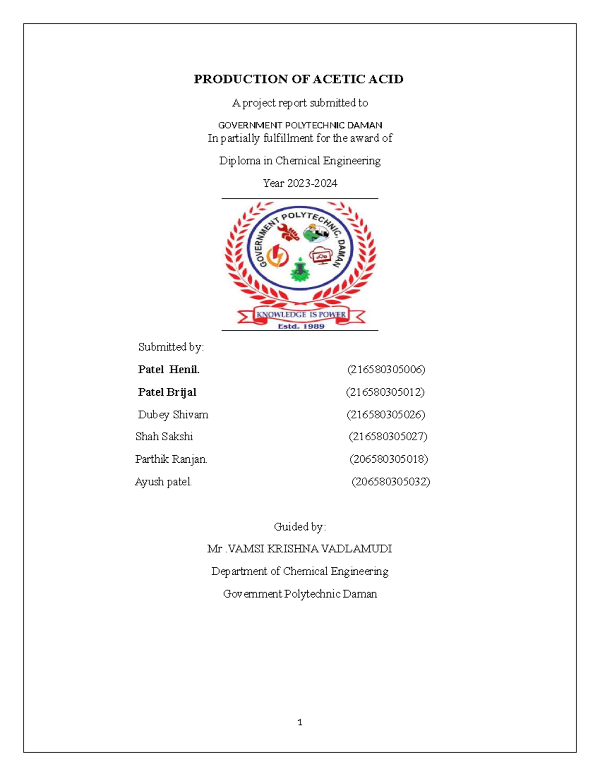 Diploma Project Report: Production of Acetic Acid (CHE-216580305) - Studocu