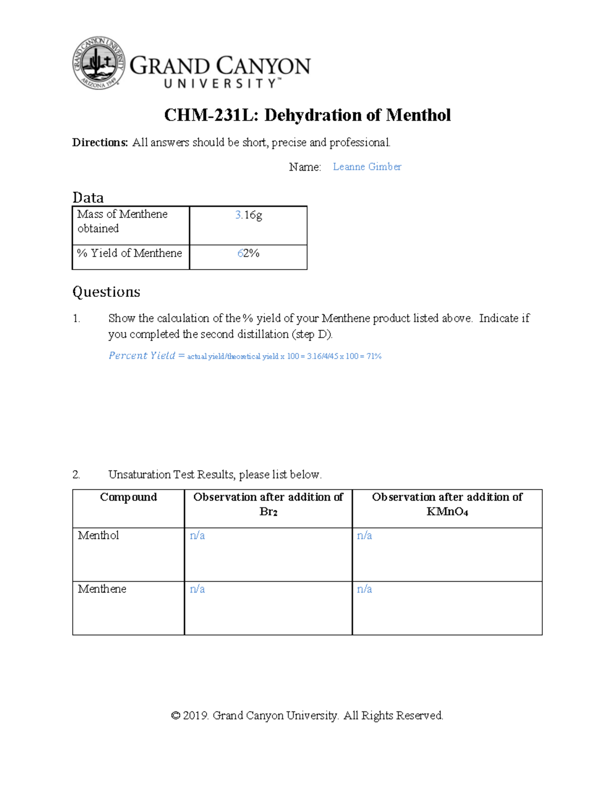 CHM-231L Final Lab Report: Dehydration of Menthol Analysis - Studocu