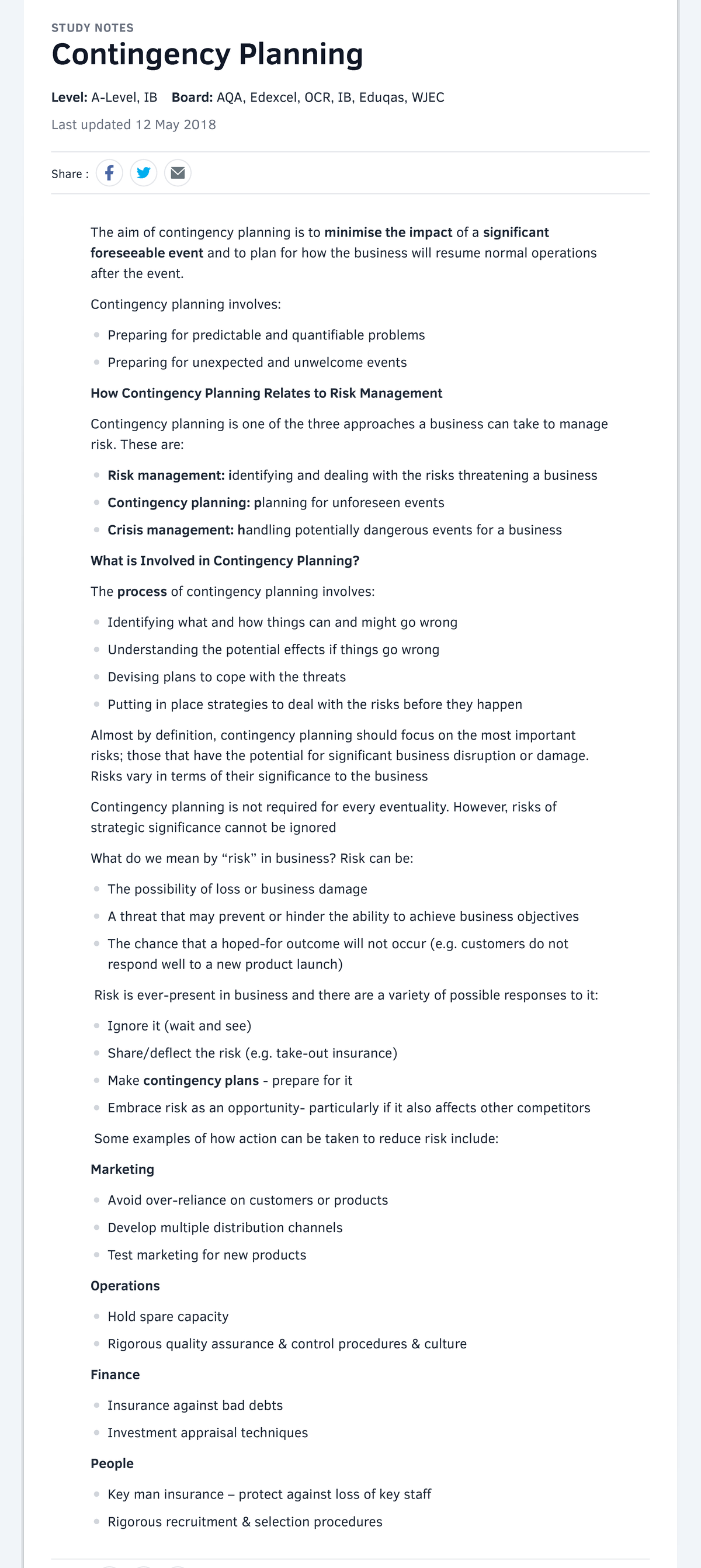 Contingency Planning Study Notes - Business Tutor 2U - Studocu