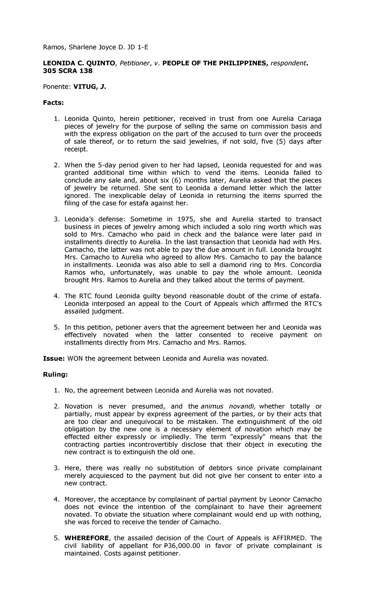 339. Quinto v. People: Estafa Case Analysis and Novation Issues - Studocu