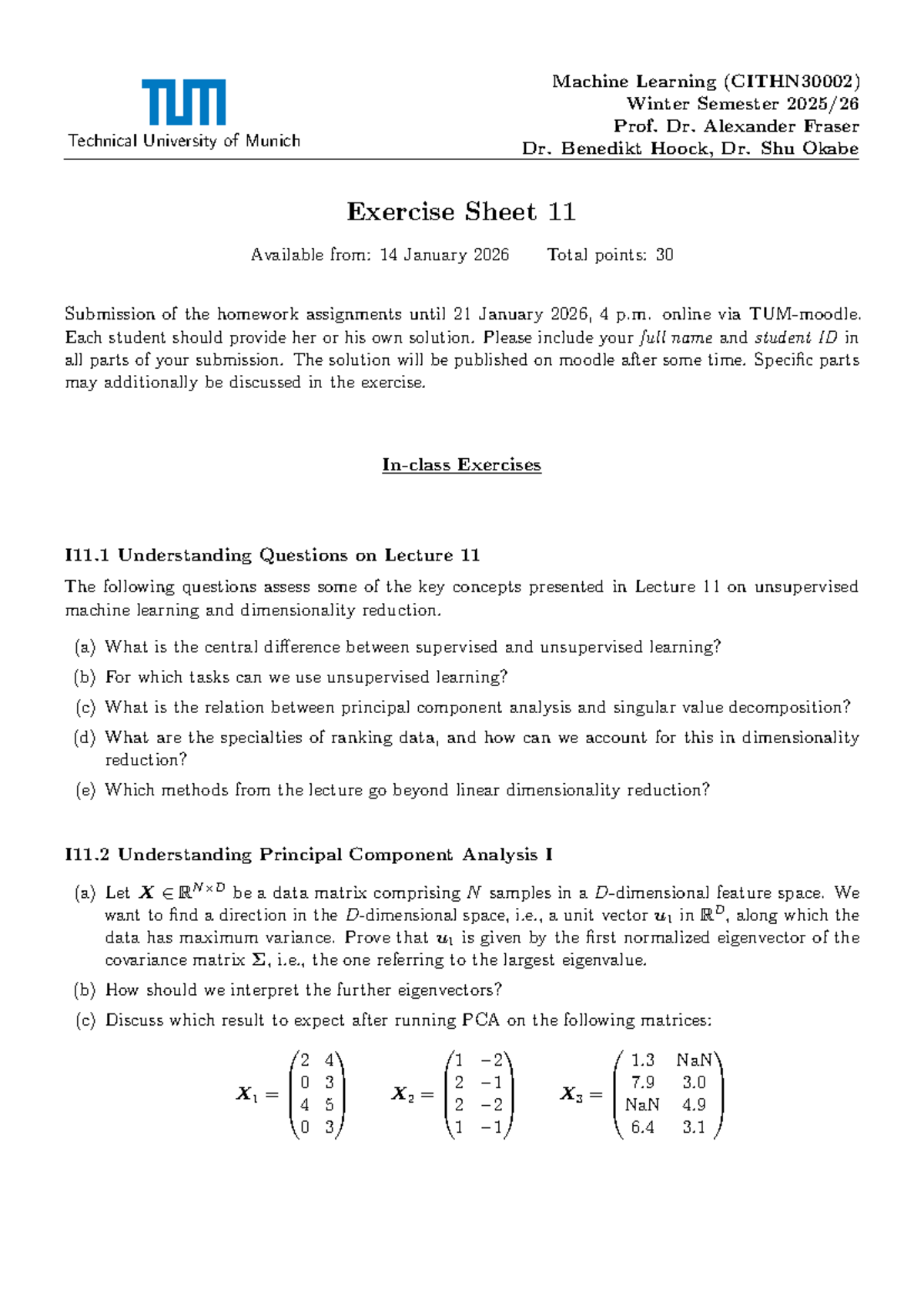 Machine Learning Exercise Sheet 11 - Winter Semester 2026 - Studocu
